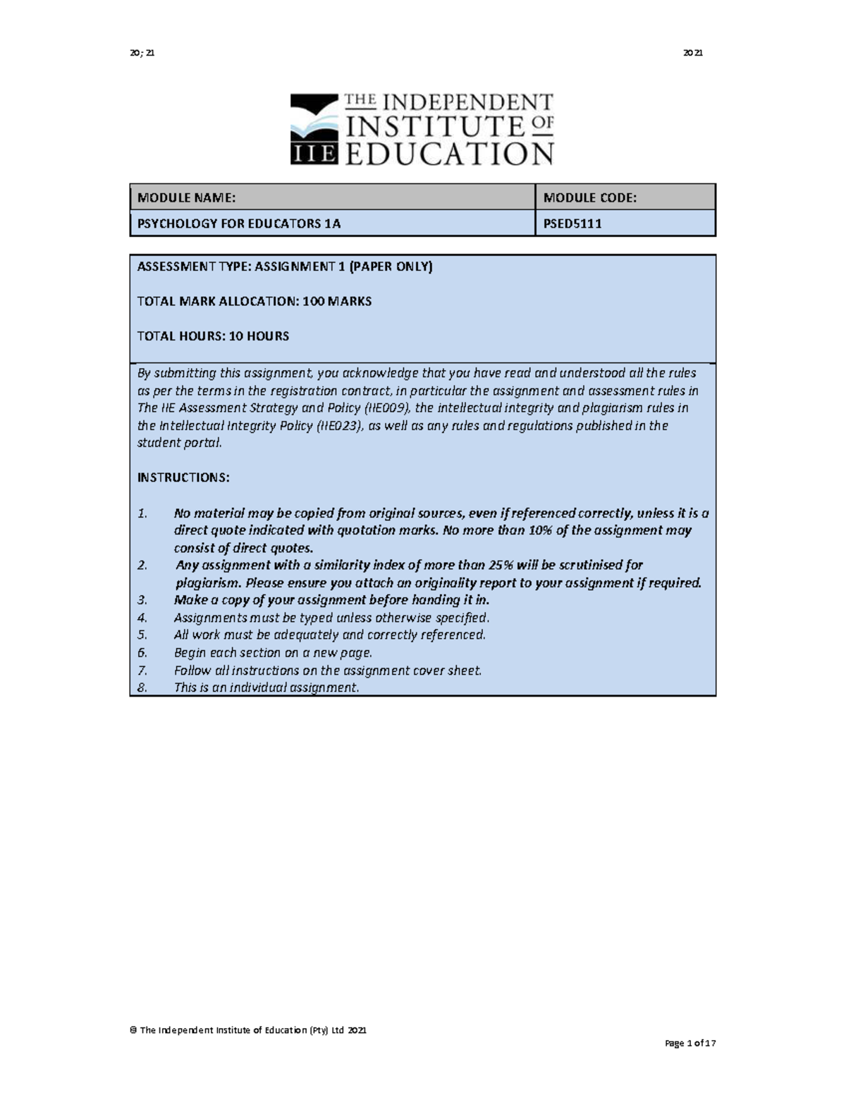Assignment 1 PSED - © The Independent Institute of Education (Pty) Ltd 2021 MODULE NAME: MODULE ...