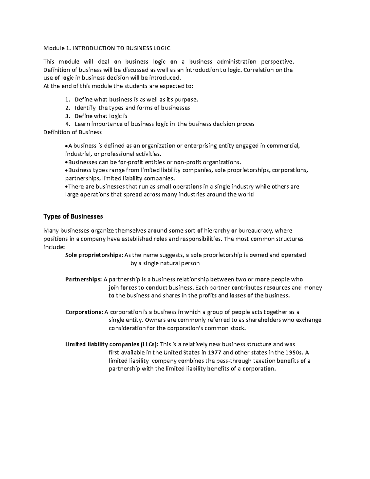 Module 1 - BUSINESS LOGIC - Module 1. INTRODUCTION TO BUSINESS LOGIC ...