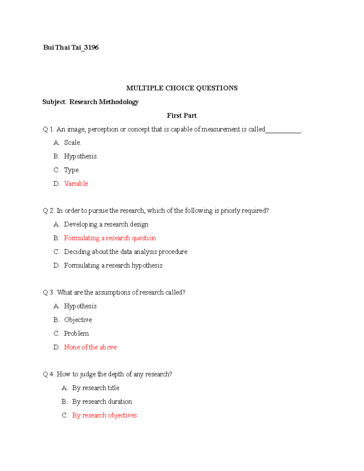 Revision - Bui Thai Tai_ MULTIPLE CHOICE QUESTIONS Subject: Research ...