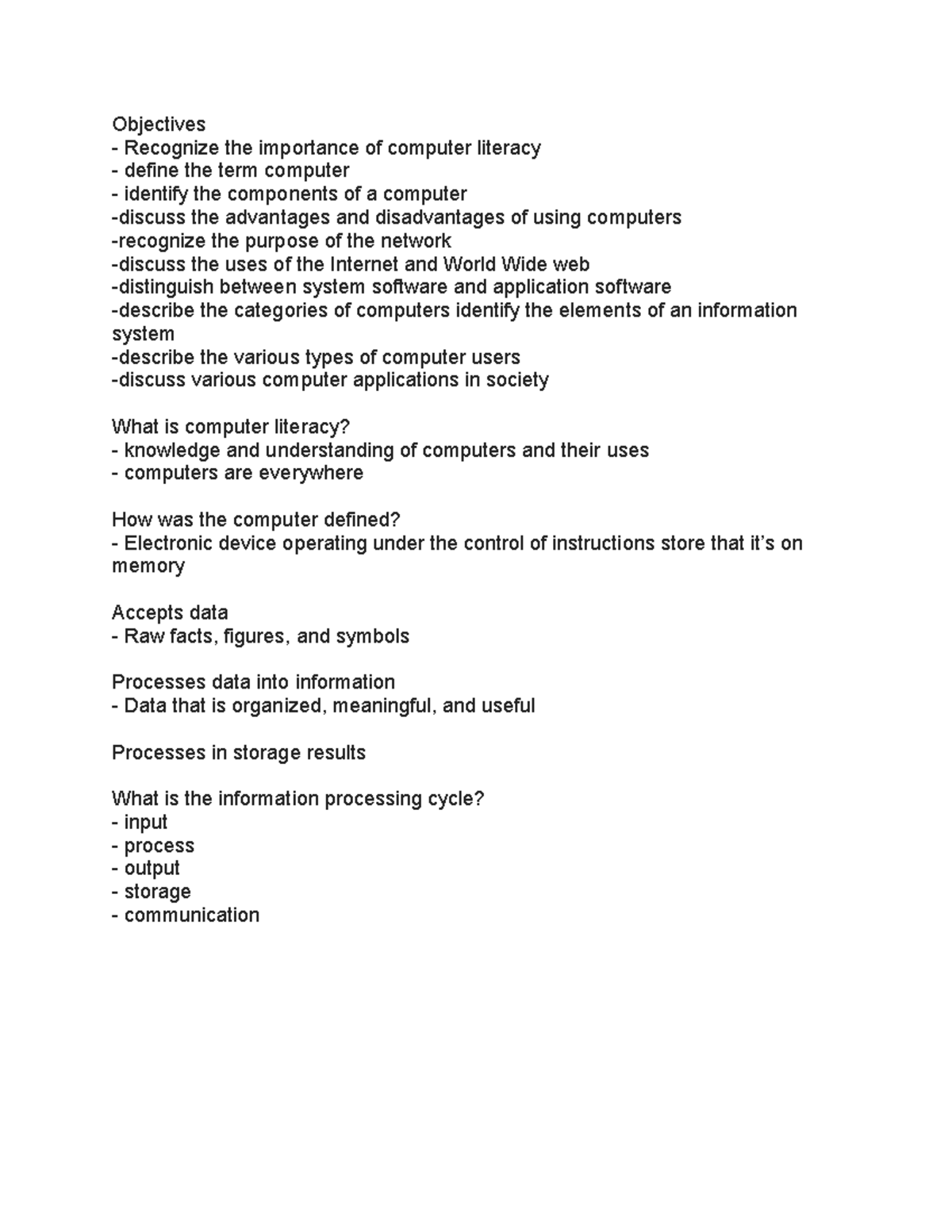 Computer Applications Notes 1 Objectives Recognize The Importance Of