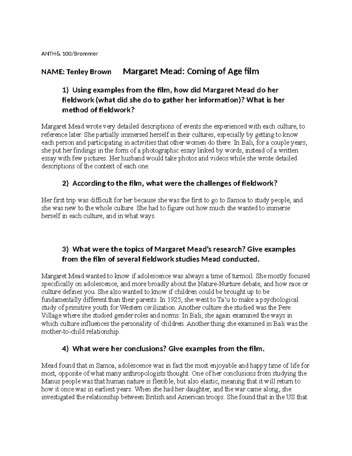 Margaret Mead- Coming of Age Film - ANTH& 100/Brommer NAME: Tenley ...