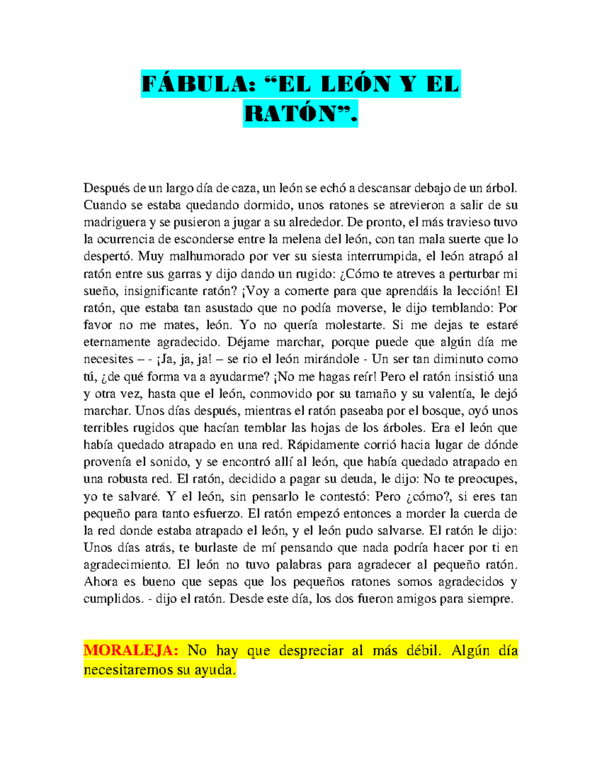 Fábula, EL LEÓN Y EL Ratón Y LAS Preguntas - F¡BULA: