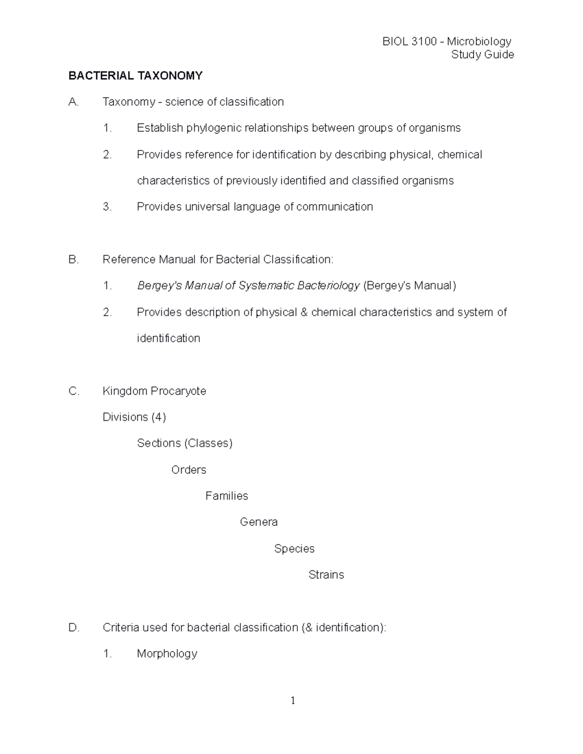 2021-Microbiology-Study Guide-BIOL-3100- Bacterial Taxonomy - BIOL 3100 ...