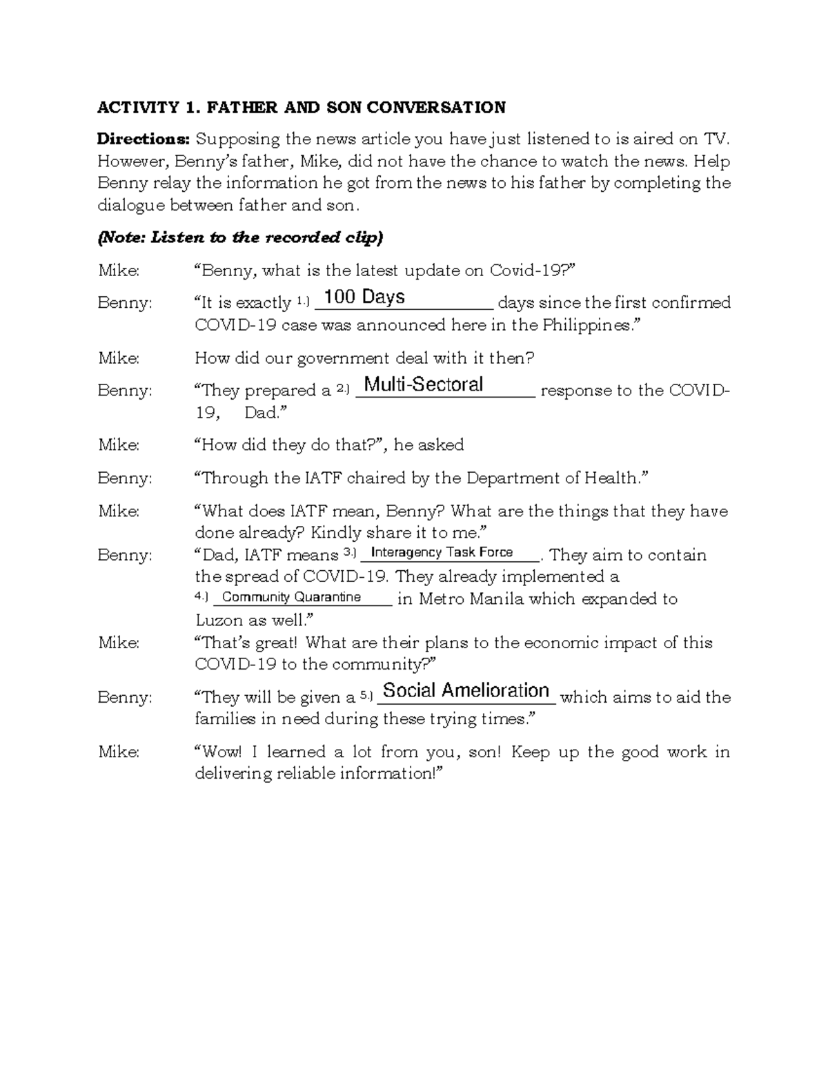 Week 1 Activity 1 Activity 1 Father And Son Conversation Directions Supposing The News