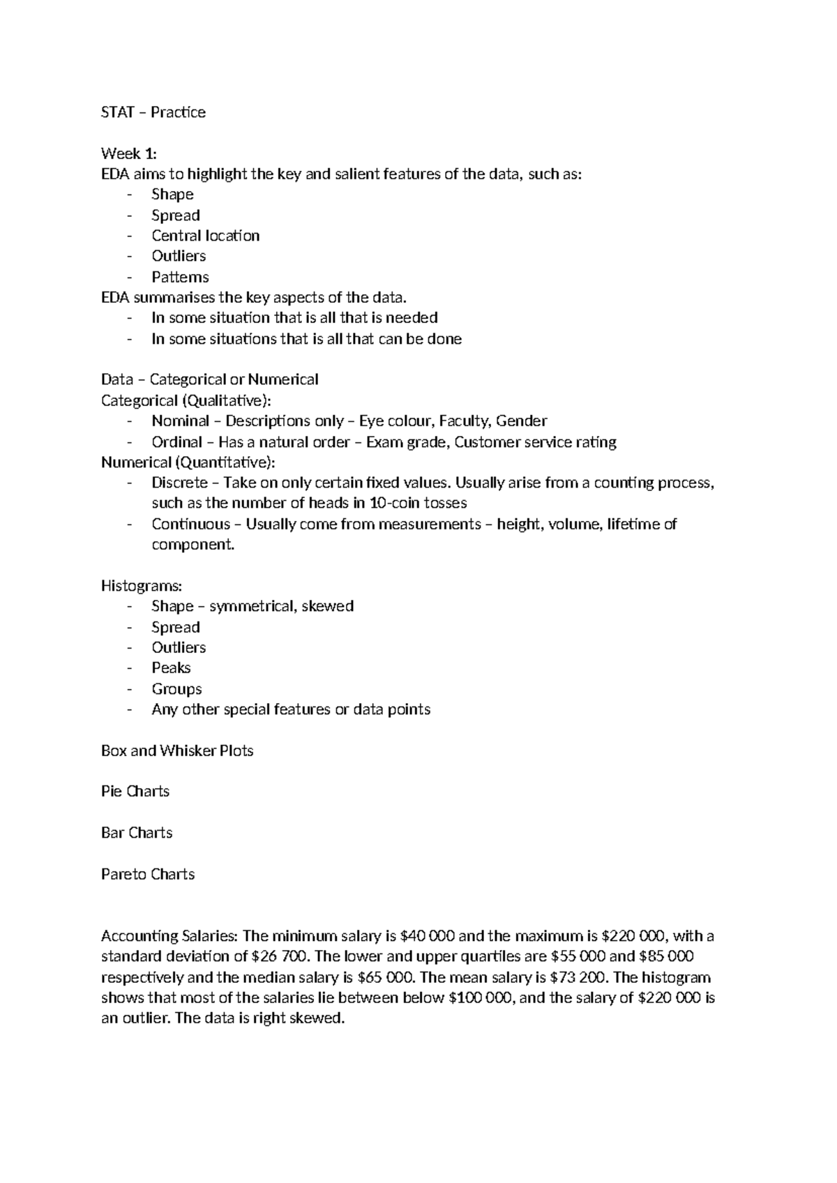 STAT - Practice - STAT – Practice Week 1: EDA aims to highlight the key ...