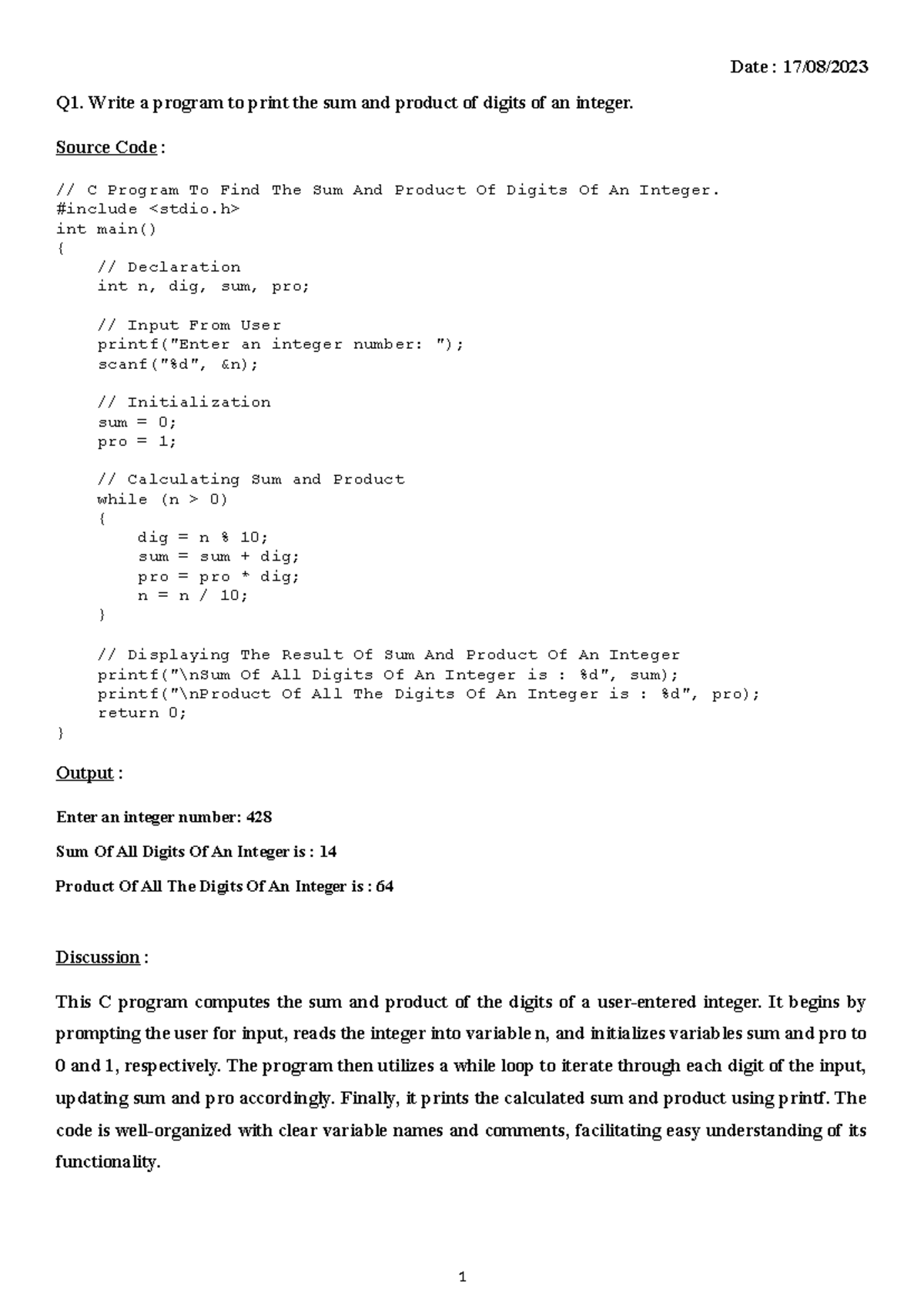 Assignment (SEM - 1) [Abhay] - Date : 17/08/ Q1. Write a program to ...