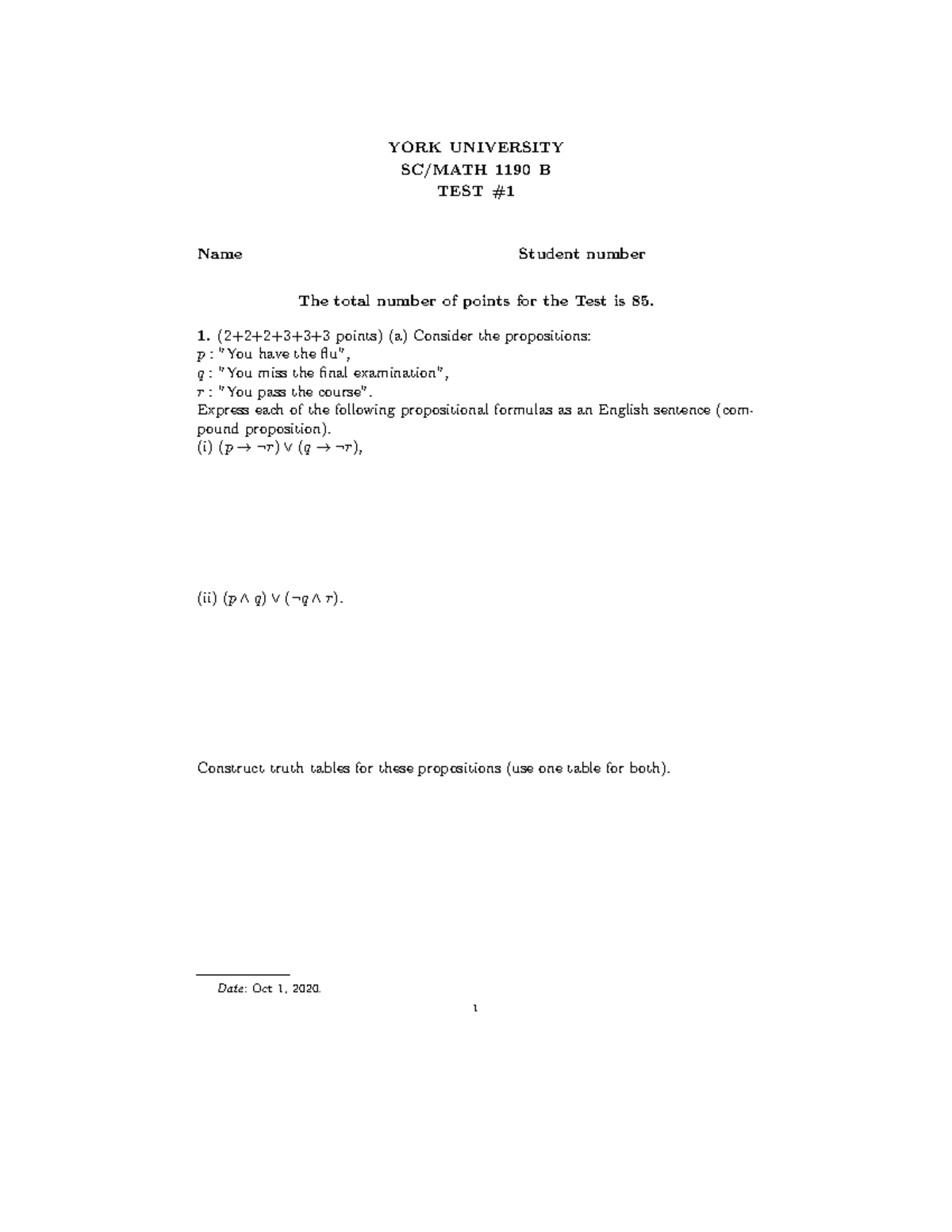 Exam Number 1 Section B - YORK UNIVERSITY SC/MATH 1190 B TEST Name ...