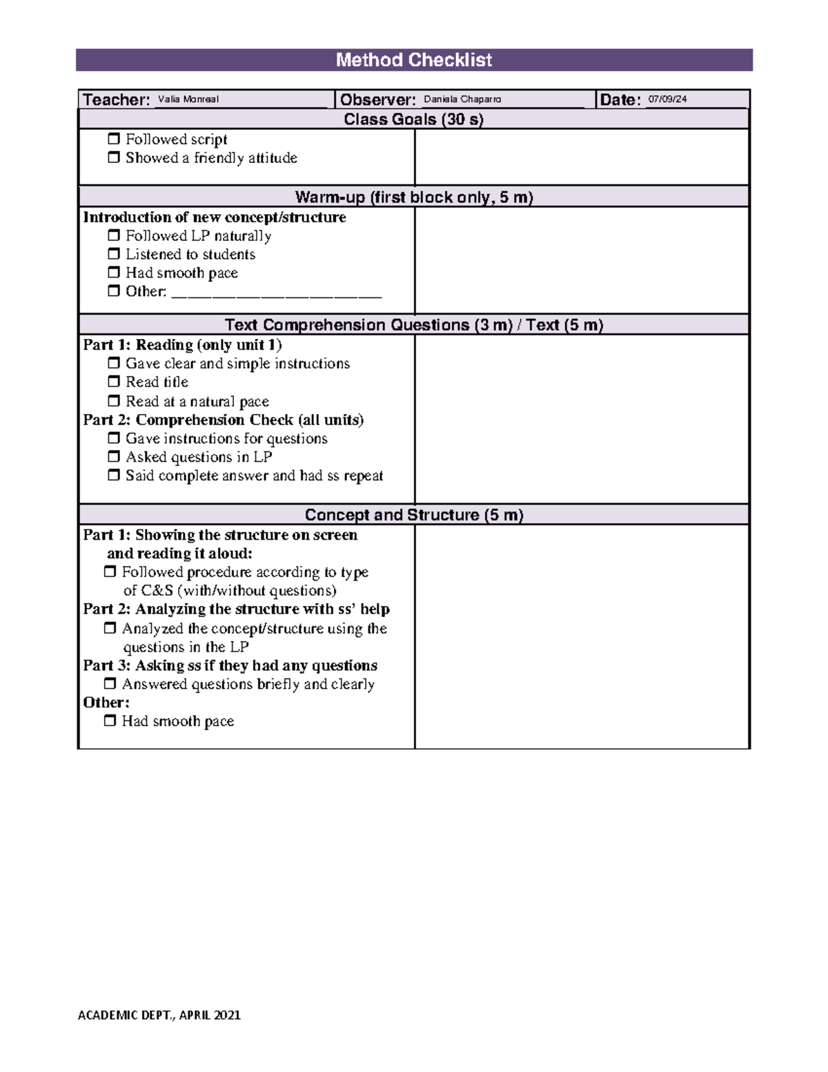 Method checklist Jon - Method Checklist ACADEMIC DEPT., APRIL 2021 ...