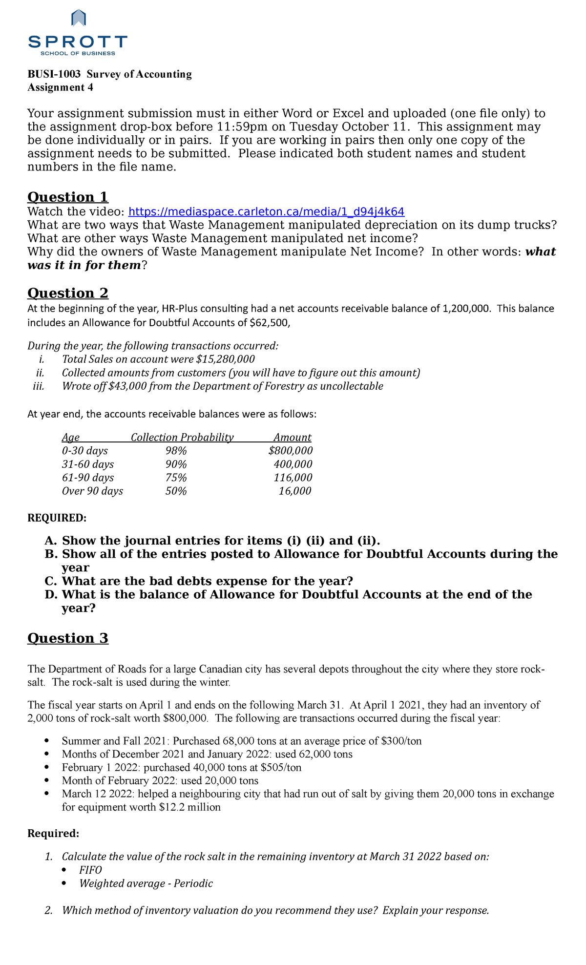 Busi 1003 Assignment 4 Fall 2022 Busi 1003 Survey Of Accounting