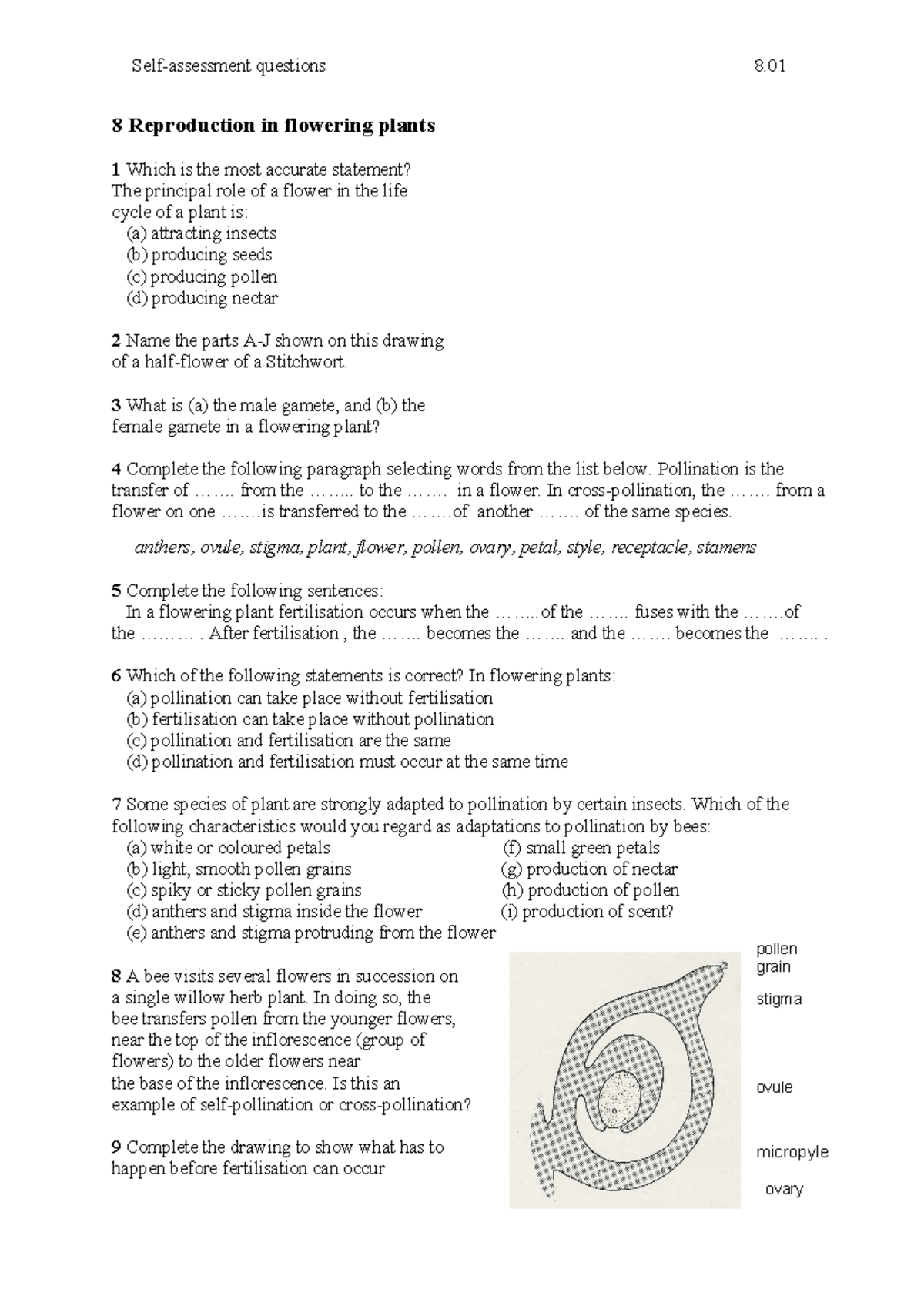 FORM-3 plant-reproduction-questions - 8 Reproduction in flowering ...