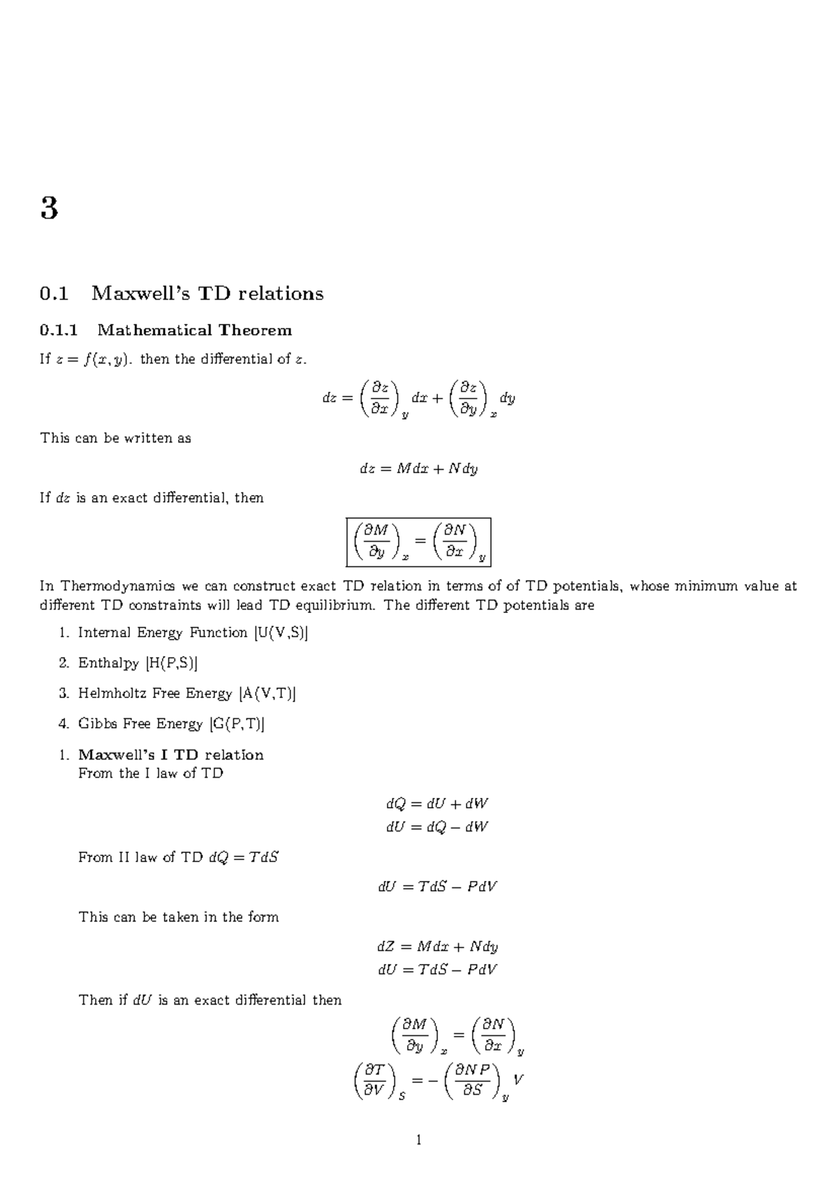 Thermal Maxwells relations - 3 0 Maxwell’s TD relations 0.1 ...