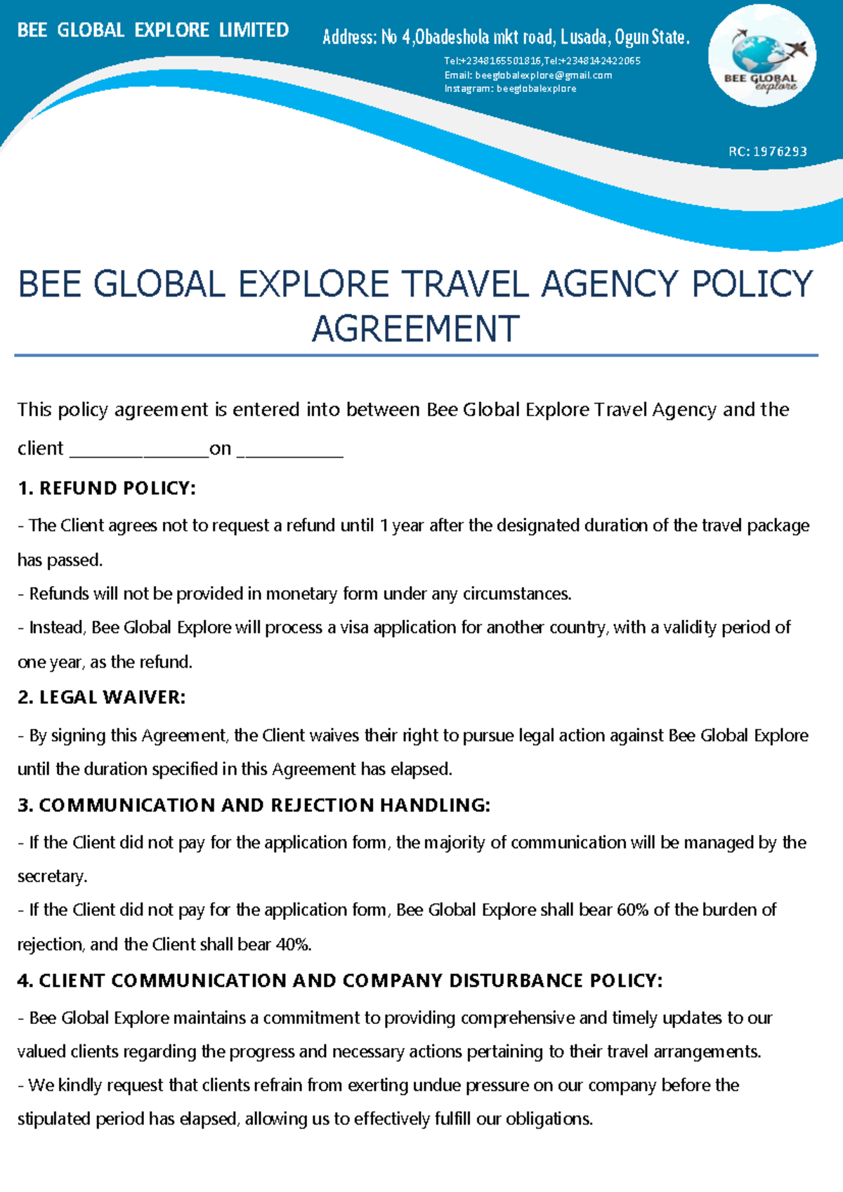 BEE Global Explore Travel Agency Policy Agreement - DE BEE GLOBAL ...