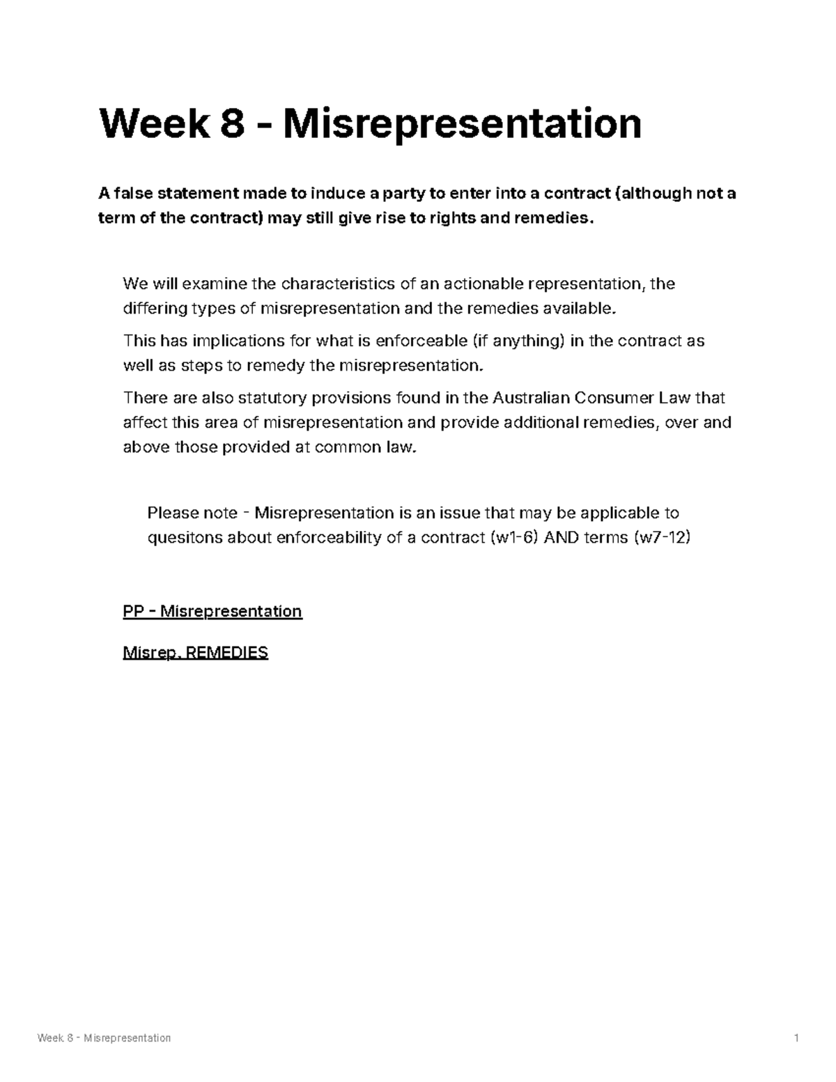 Llb202 - week 8 misrepresentation cover page - Week 8 Misrepresentation ...
