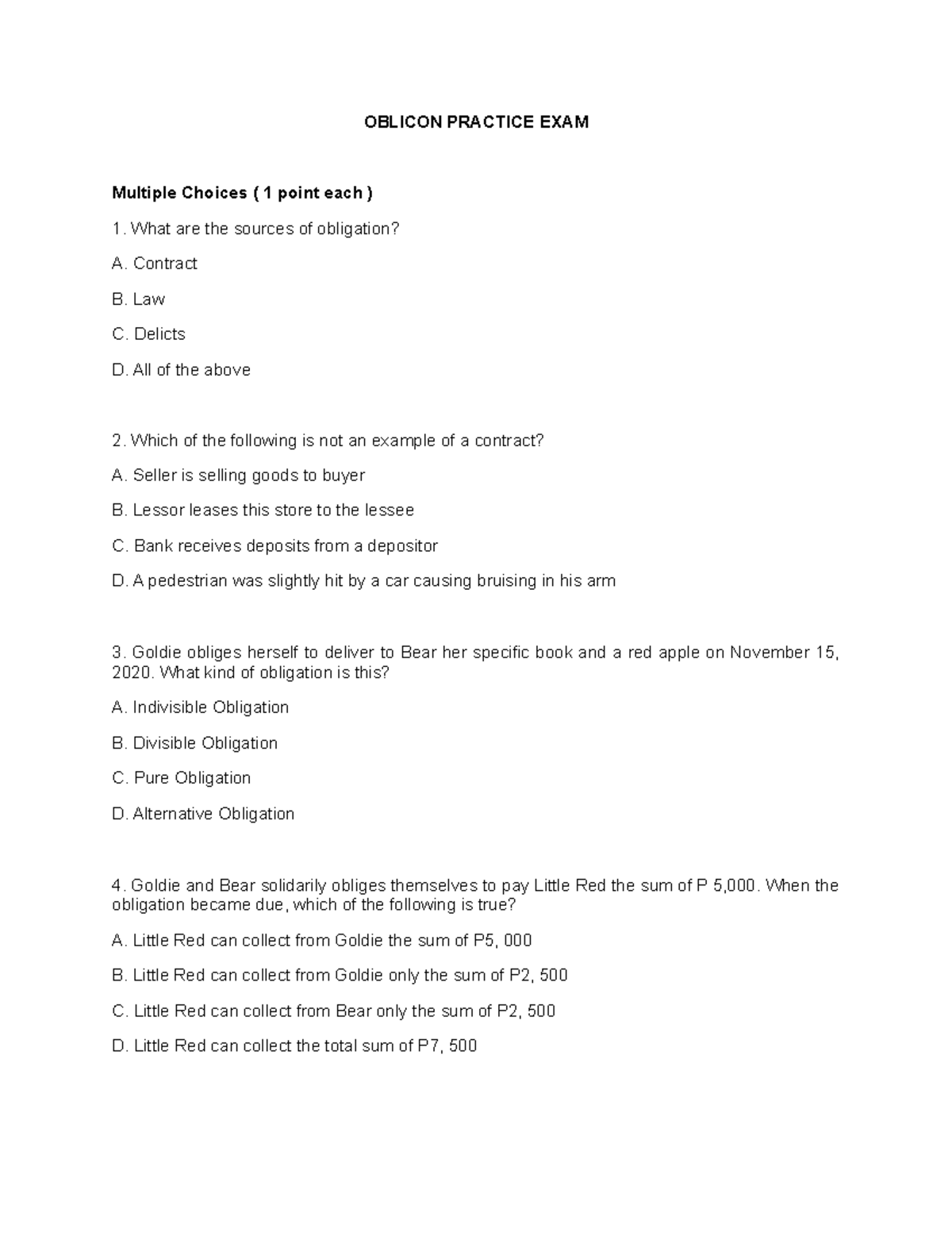 Oblicon Practice Exam - .... - OBLICON PRACTICE EXAM Multiple Choices ...