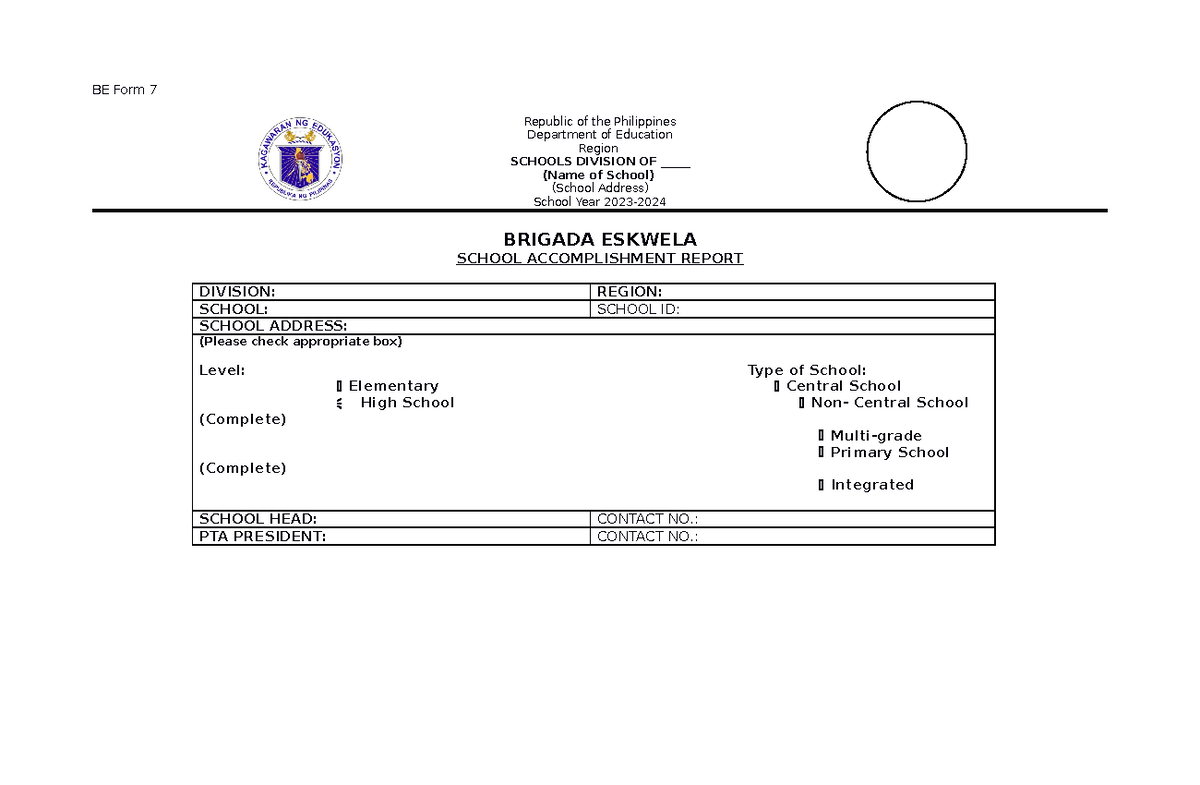 BE Form 7 School Accomplishment Report 1 - Republic of the Philippines ...