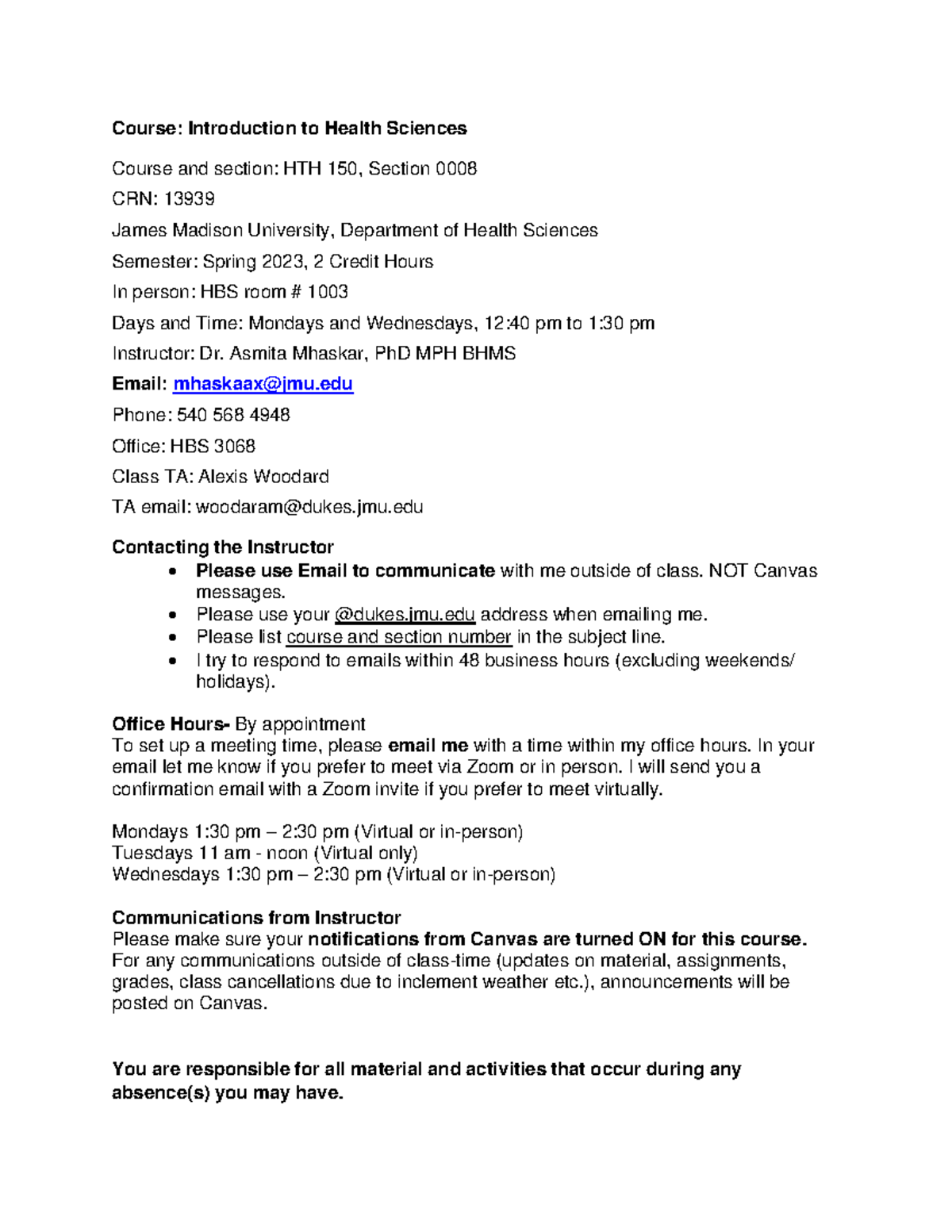 Syllabus HTH150 SP23 0008 Mhaskar 012423 - Course: Introduction to ...