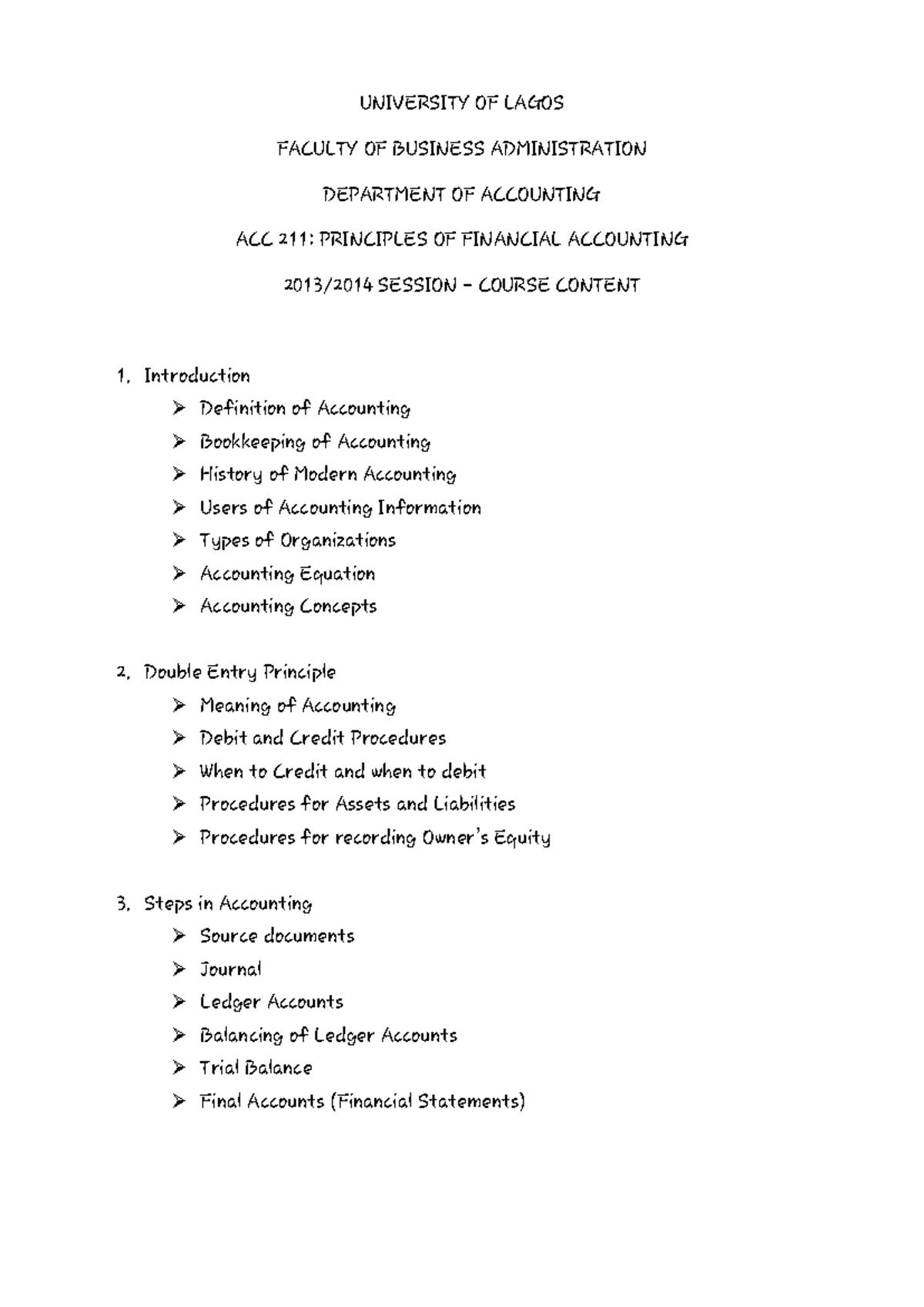 ACC 211 Course Outline - UNIVERSITY OF LAGOS FACULTY OF BUSINESS ...