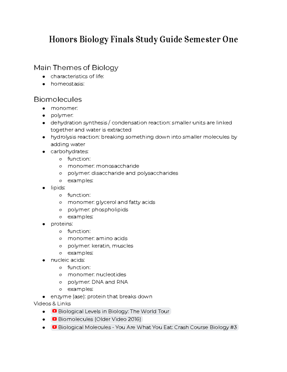 Honors Biology Finals Study Guide Semester One - (4 points) Include ...