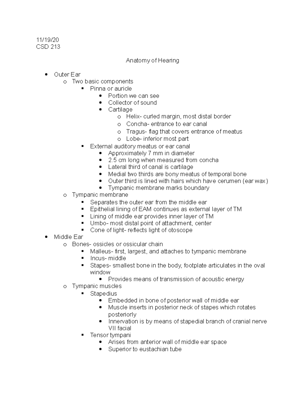 Anatomy of Hearing - Lecture notes 3 - 11/19/ CSD 213 Anatomy of ...