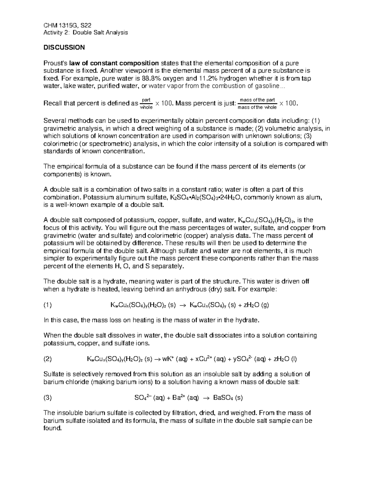 CHM1315G Remote Activity 2 - Activity 2: Double Salt Analysis ...