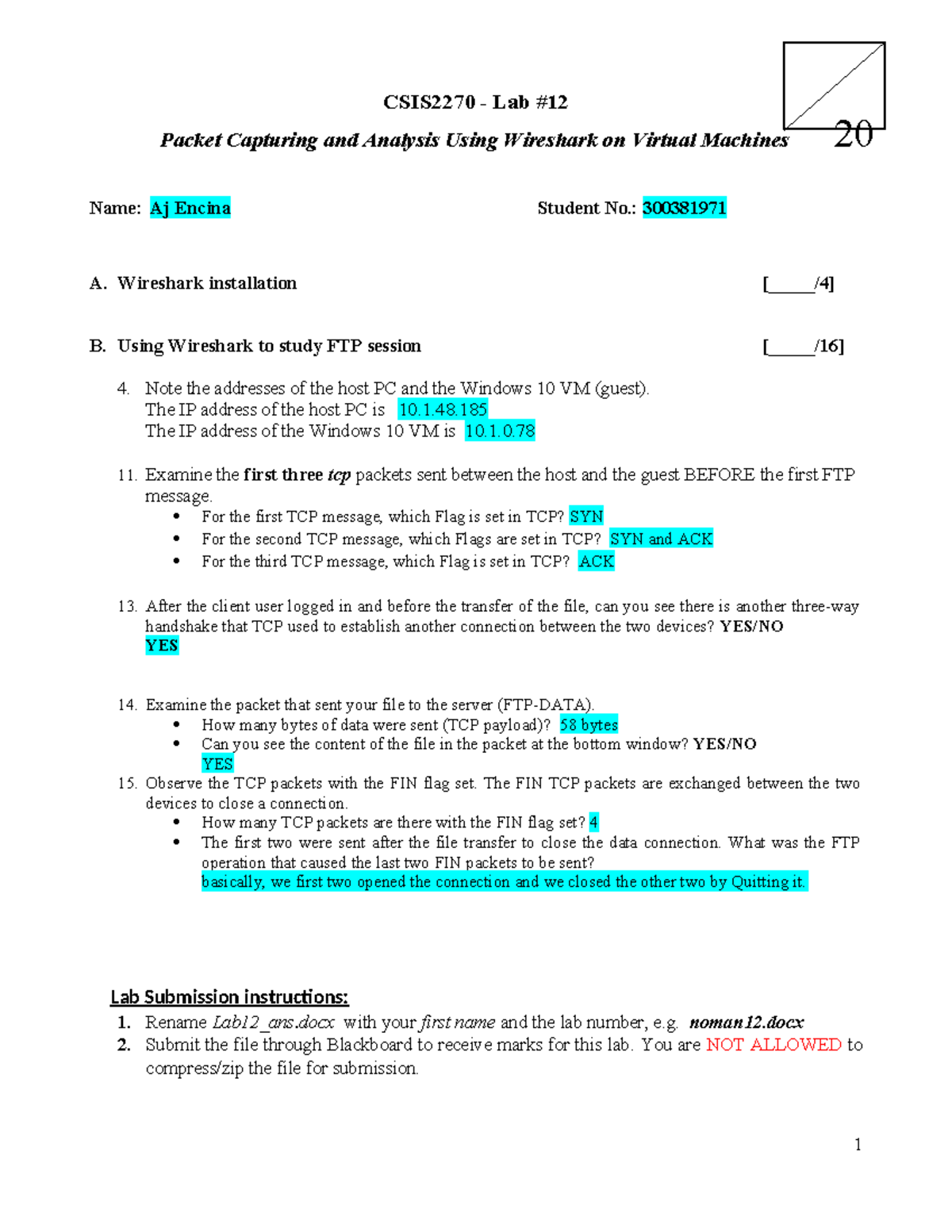 Operating Systems - CSIS2270 - Lab Packet Capturing and Analysis Using Wireshark on Virtual ...