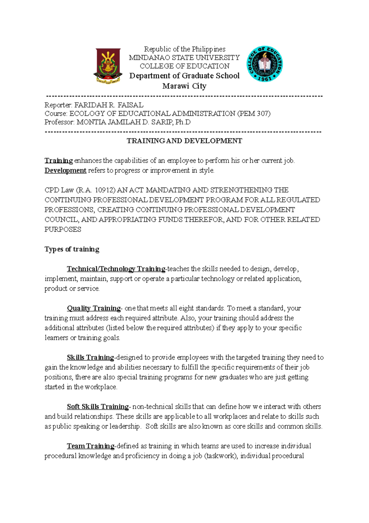 Training and Development Hand out - Republic of the Philippines ...