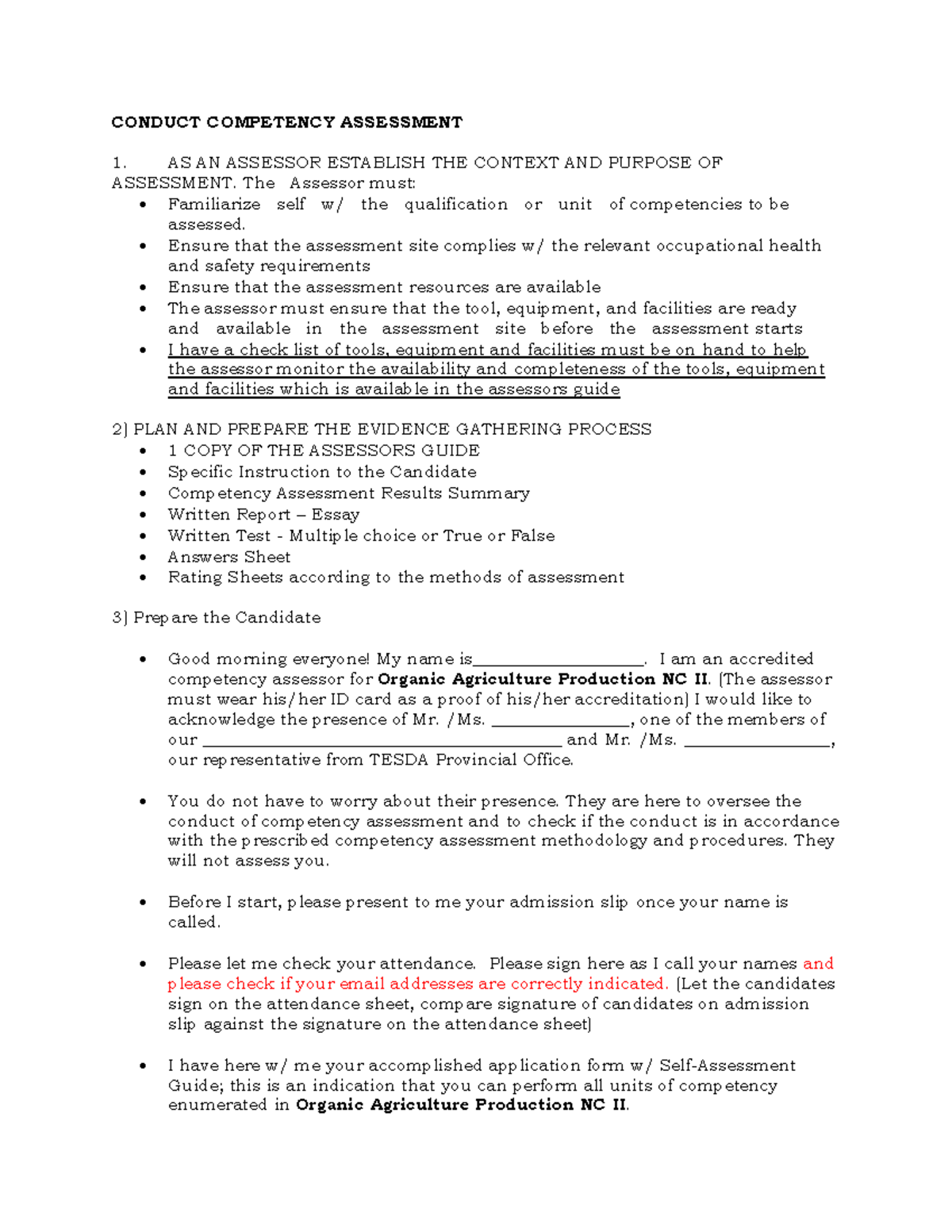 CCA Script - Conduct Competency Assessment - CONDUCT COMPETENCY ...