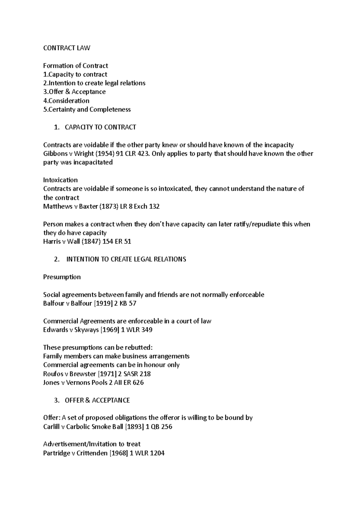 Contract LAW 1111 Tut Notes - CONTRACT LAW Formation of Contract 1 to ...