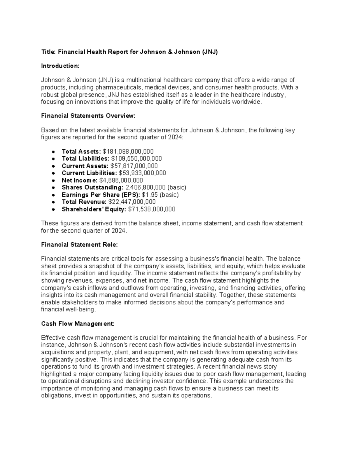 Module 1 JNJ - N/A - Title: Financial Health Report for Johnson ...