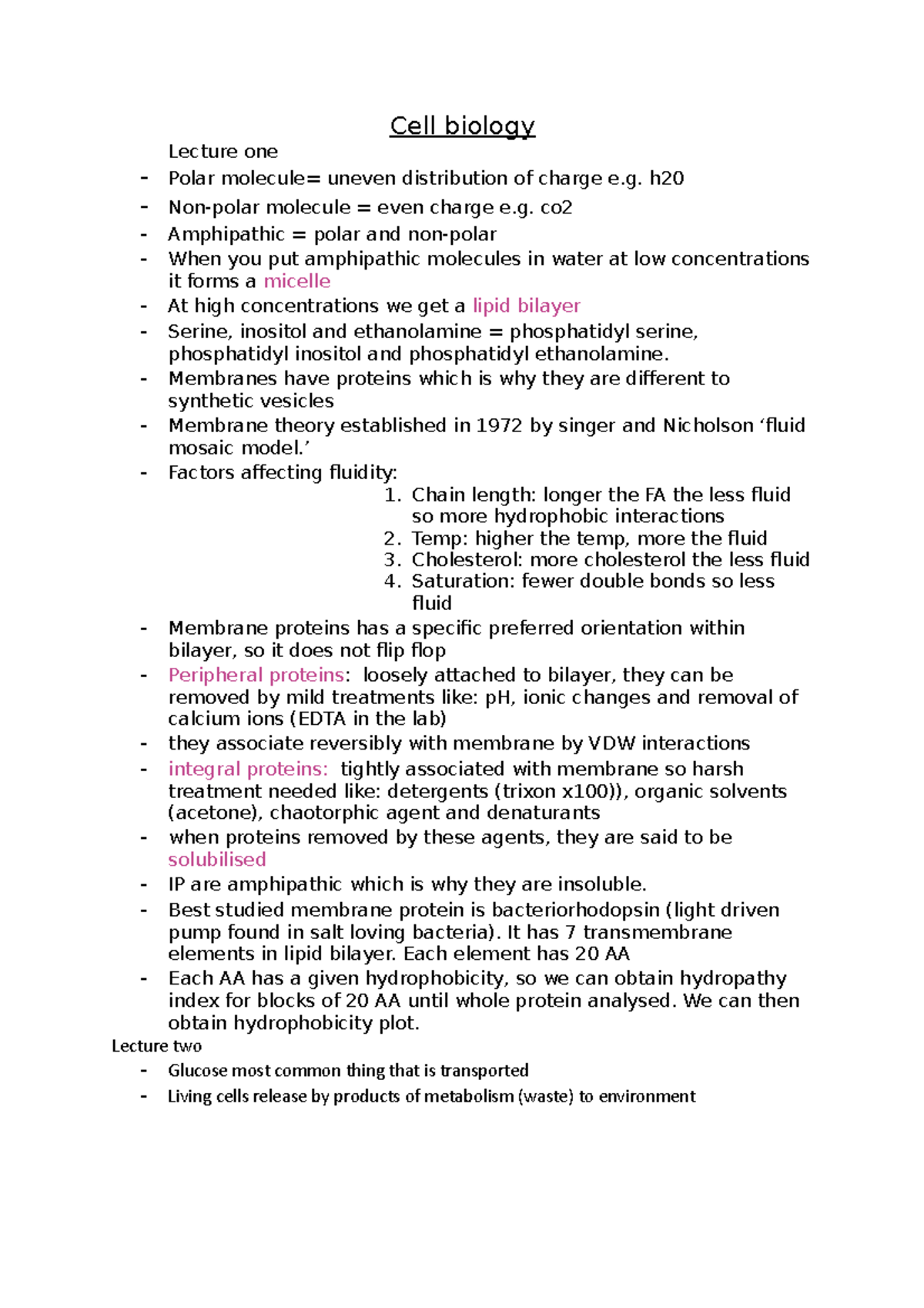Cell biology - Lecture notes Term one - Cell biology Lecture one ...