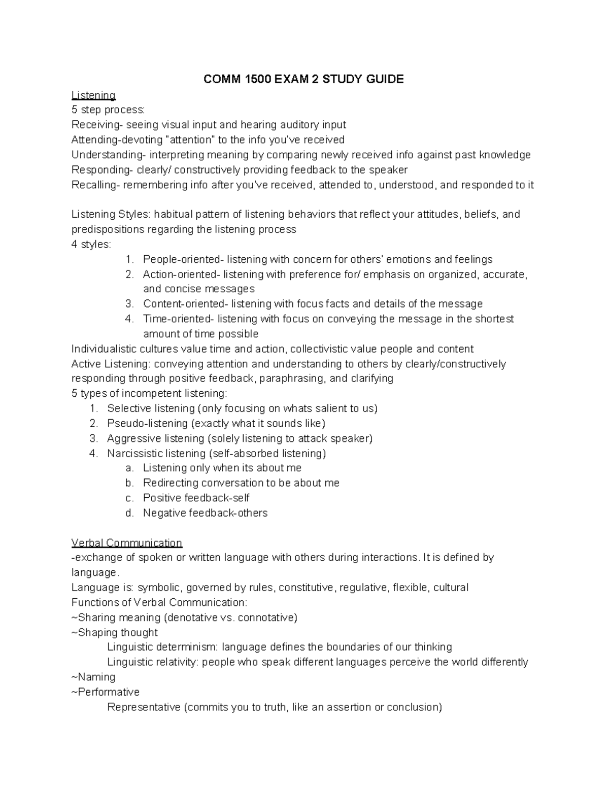 COMM 1500 EXAM 2 Study Guide - COMM 1500 EXAM 2 STUDY GUIDE Listening 5 ...