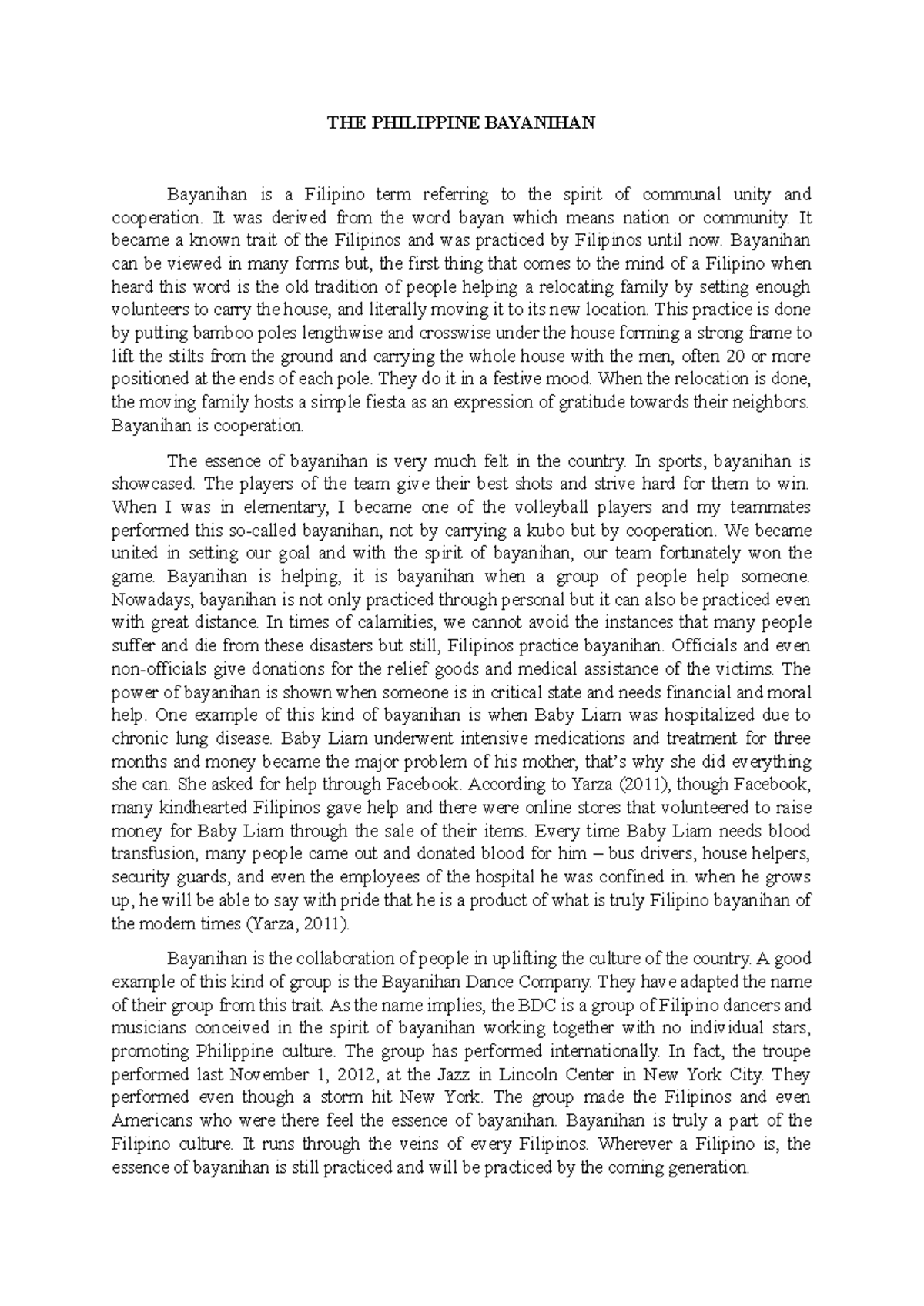 THE Philippine Bayanihan- Essay - THE PHILIPPINE BAYANIHAN Bayanihan is ...