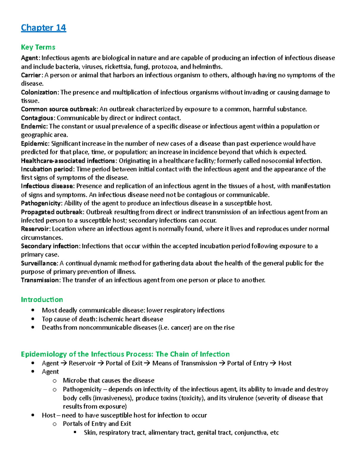 Quiz #2 - quiz 2 - Chapter 14 Key Terms Agent: Infectious agents are biological in nature and ...
