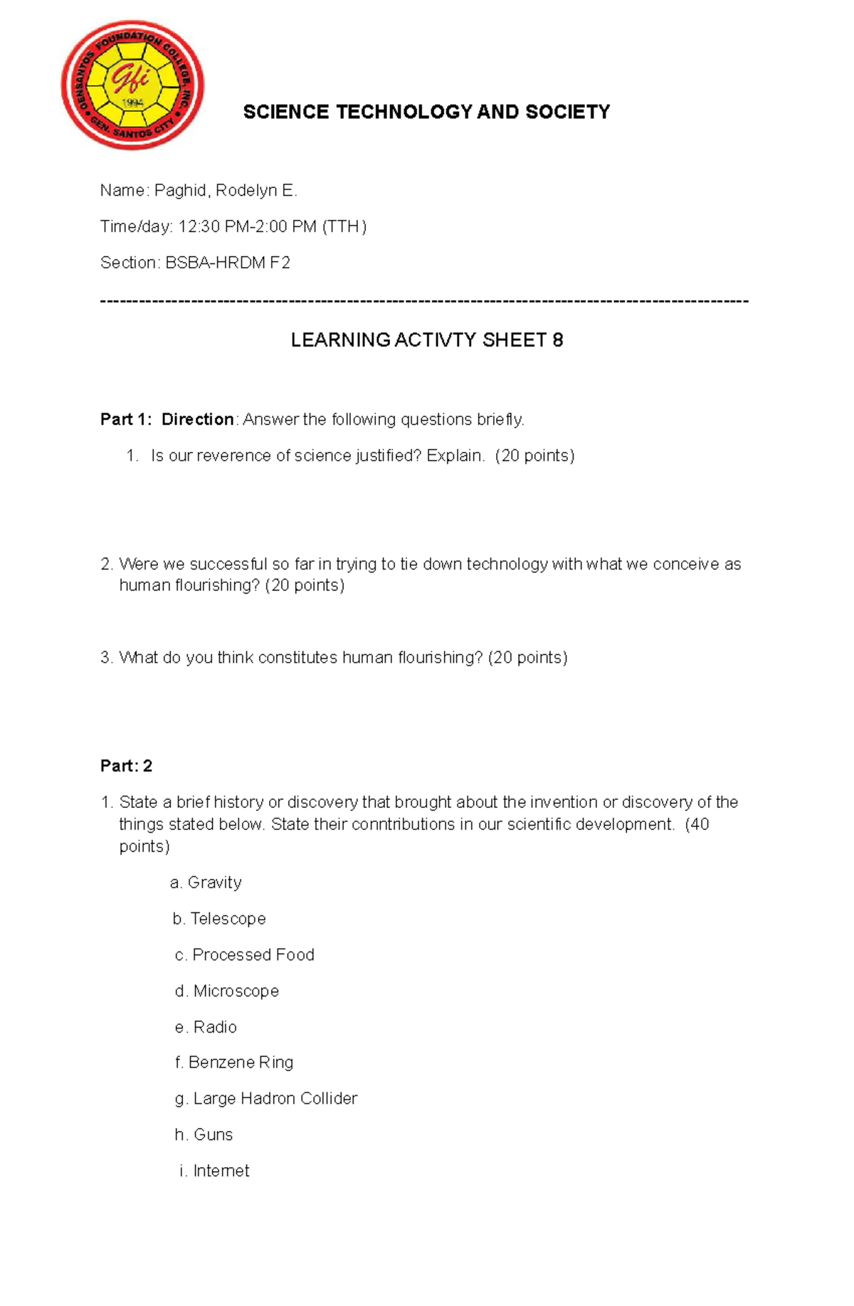 Activity-5 Science, Technology, Society - SCIENCE TECHNOLOGY AND ...