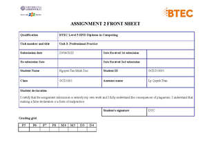 Lê Nguyễn Thiên Ân-asm1-1631 - ASSIGNMENT 01 FRONT SHEET Qualification BTEC Level 5 HND Diploma ...