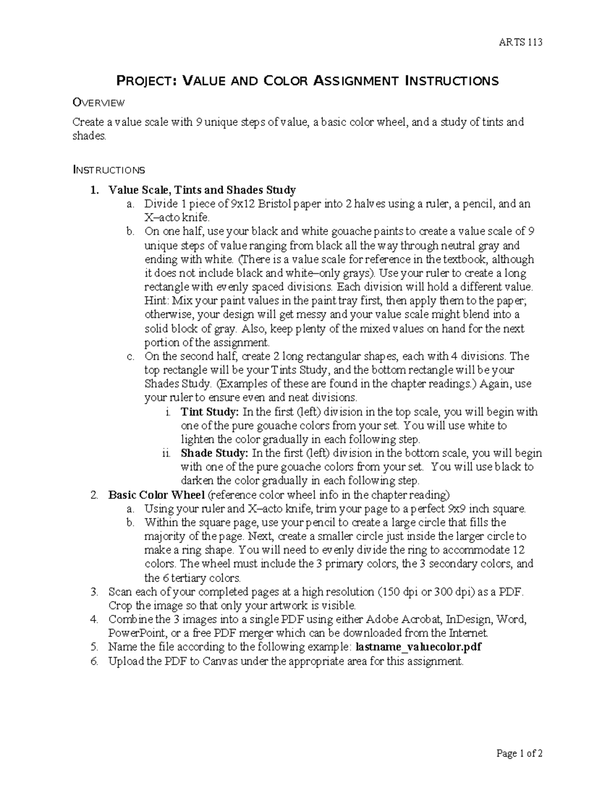 Project Value and Color Assignment Instructions - ARTS 113 PROJECT ...
