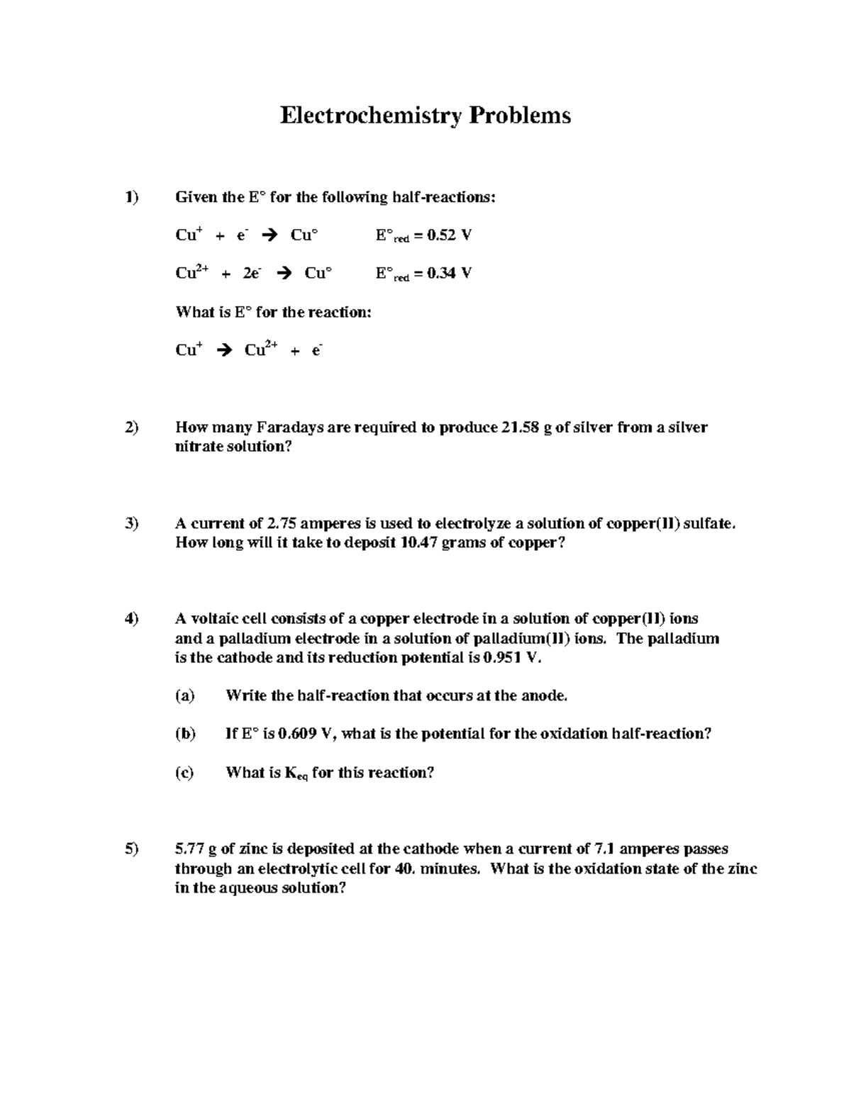 Elec Chem - electro chemistry - Electrochemistry Problems Given the E ...