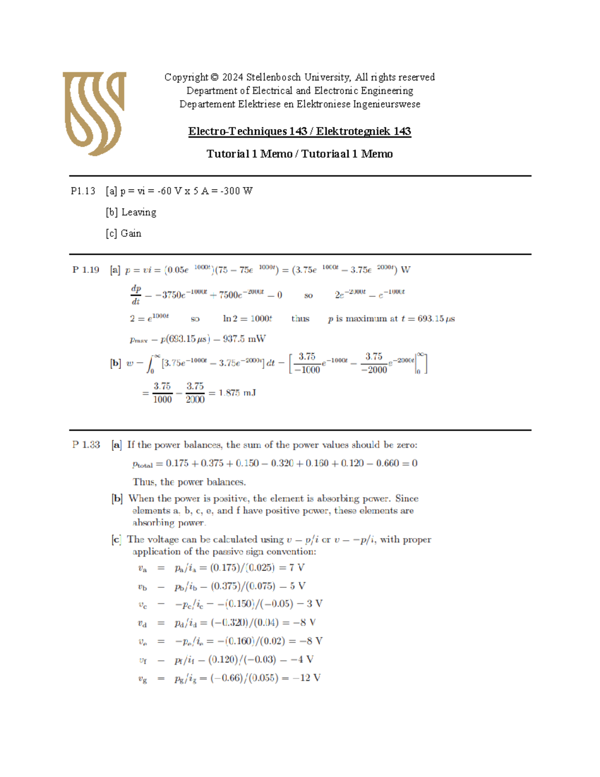 Tutorial 1 Memo - notes - 145 - Copyright © 2024 Stellenbosch ...