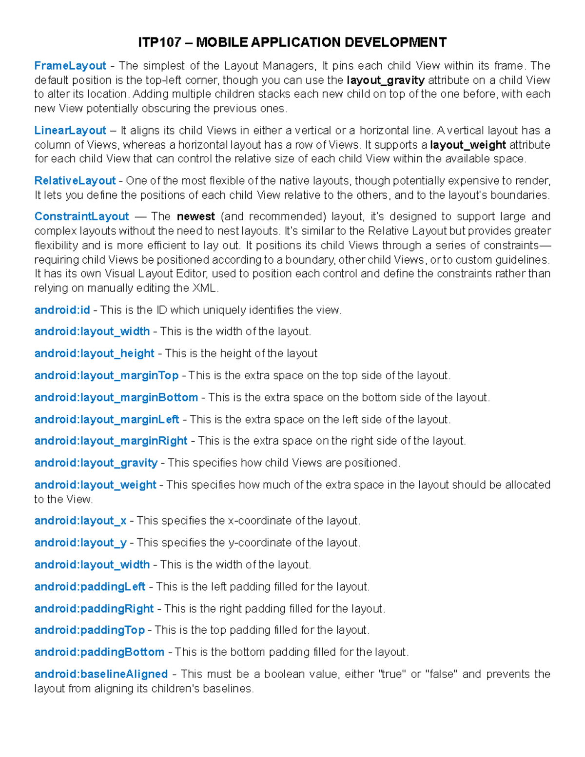 Midterm- Reviewer - ITP107 – MOBILE APPLICATION DEVELOPMENT FrameLayout - The simplest of the ...