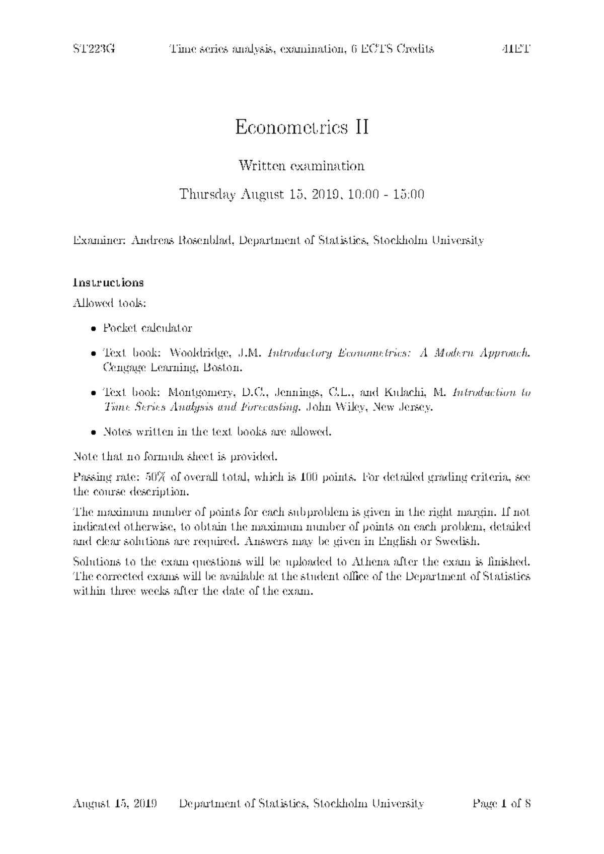 Exam Econometrics II 2019-08-15 with solutions - Econometrics II ...