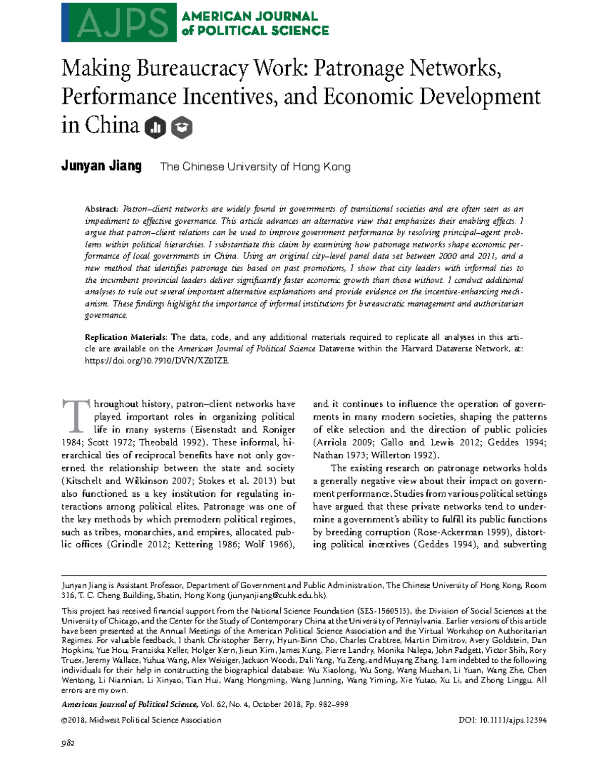 Jiang 2018 Patronage - fgefe - Making Bureaucracy Work: Patronage ...