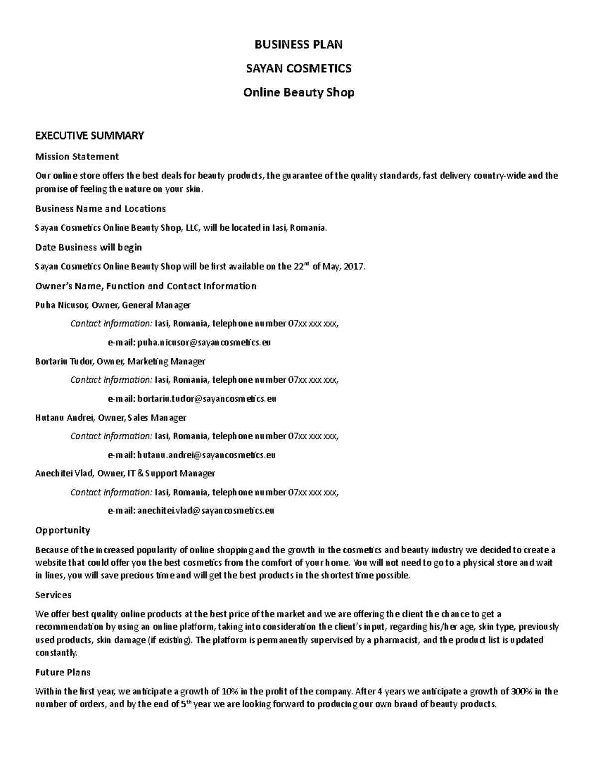 Business PLAN Grade 9 BUSINESS PLAN SAYAN COSMETICS Online Beauty