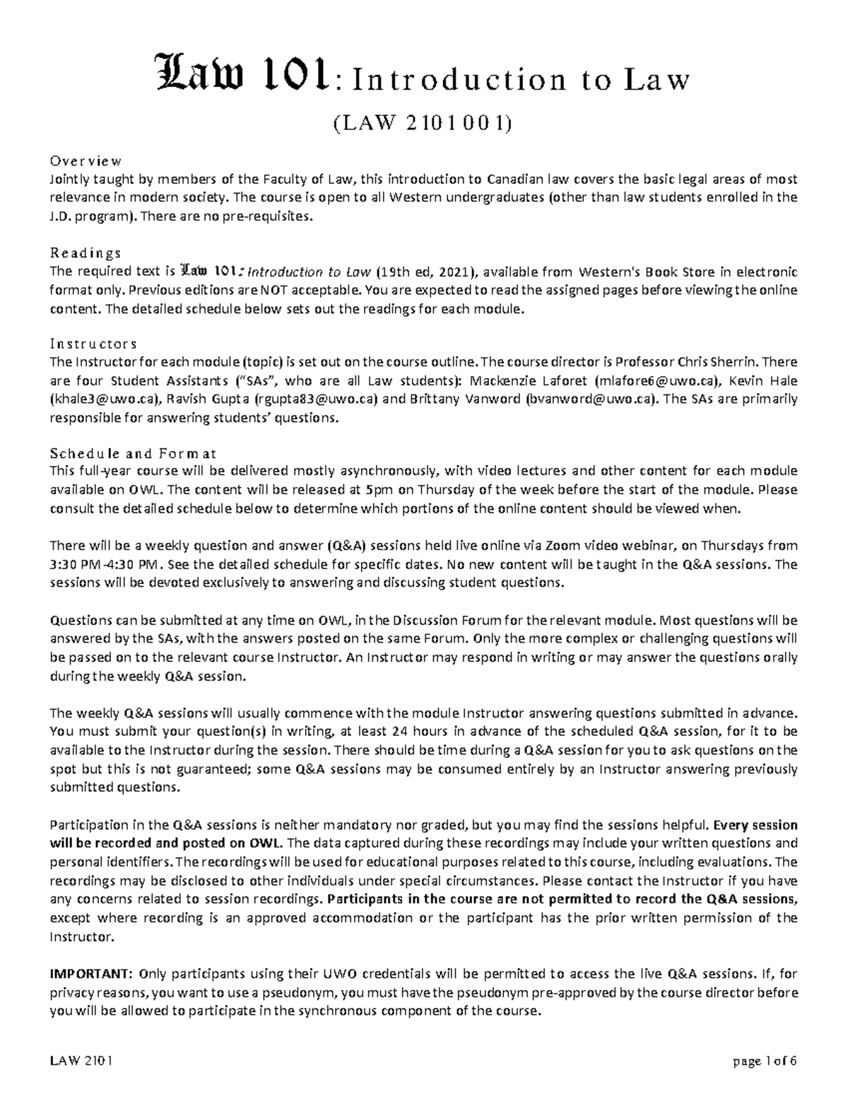 Law Outline - Taught by several Law Faculty members, this introduction ...