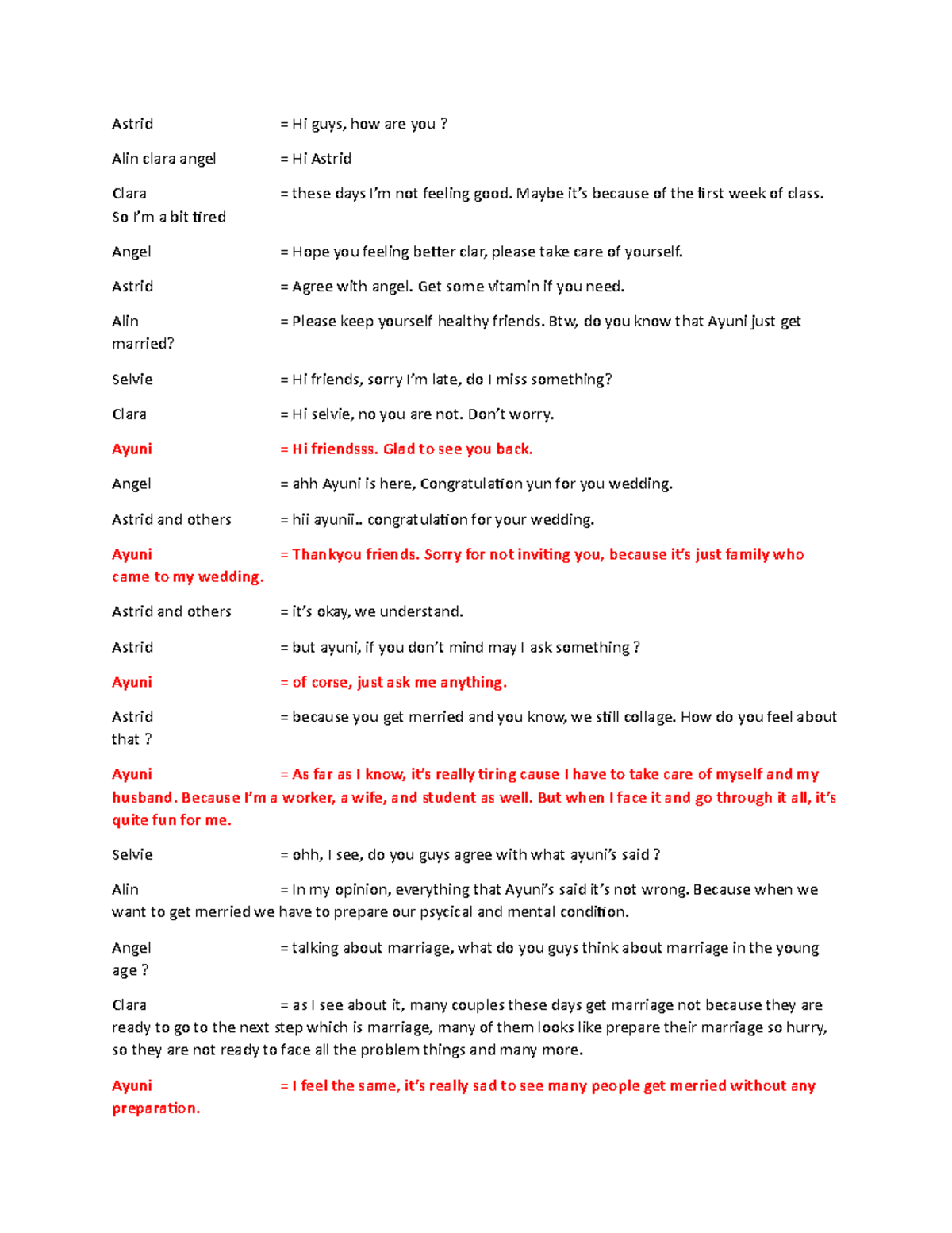 English conversation 2 ( Tugas kelompok 1 ) - Astrid = Hi guys, how are ...