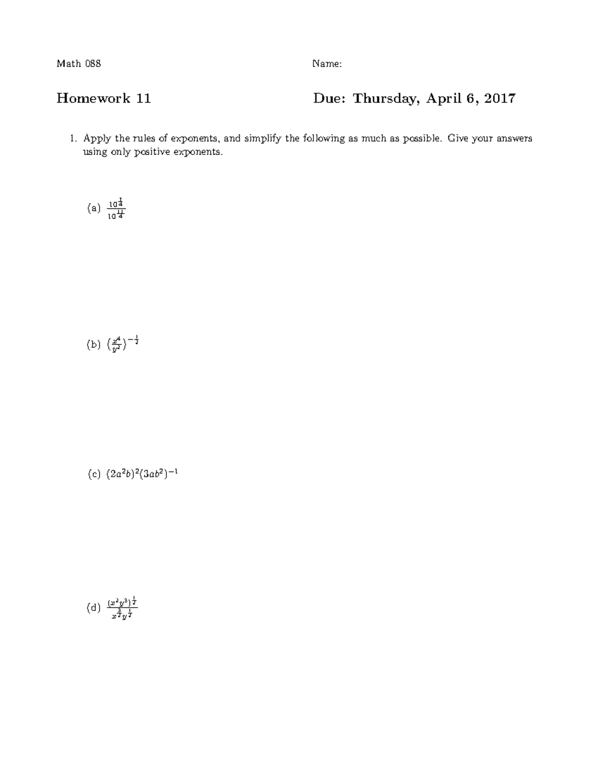 HW 11 - Intermediate Algebra - MATH 090 - Math 088 Name: Homework 11 ...
