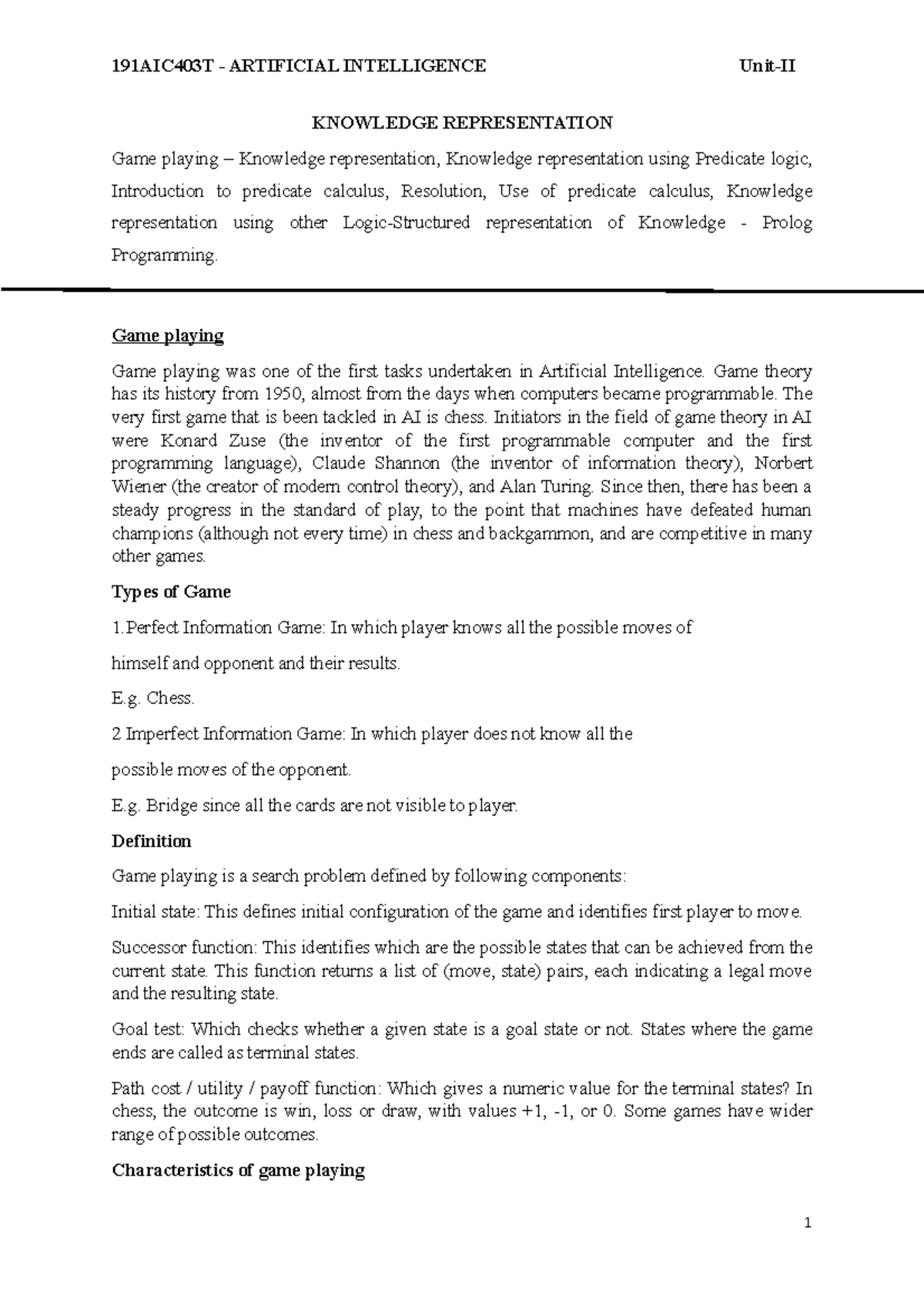 Unit 2 - Lecture Material - KNOWLEDGE REPRESENTATION Game playing – Knowledge representation ...