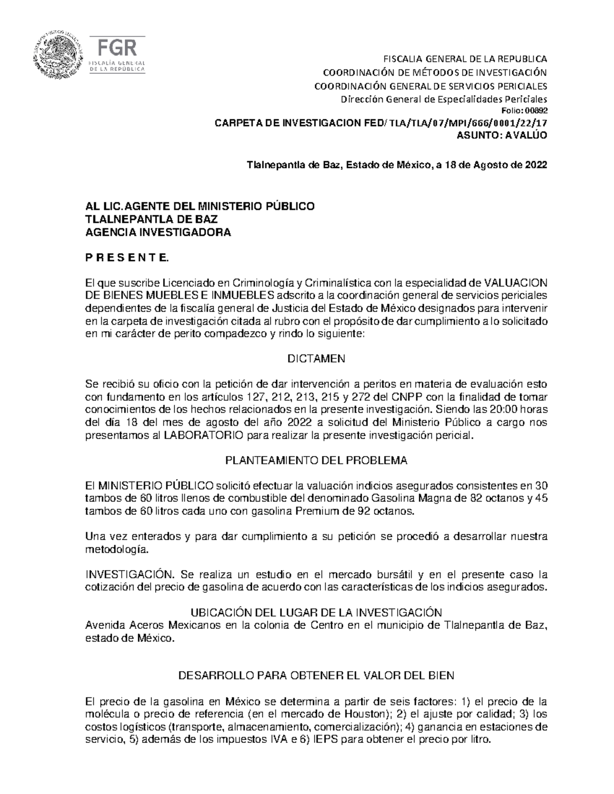 Dictamen Perito Valuador - FISCALIA GENERAL DE LA REPUBLICA ...