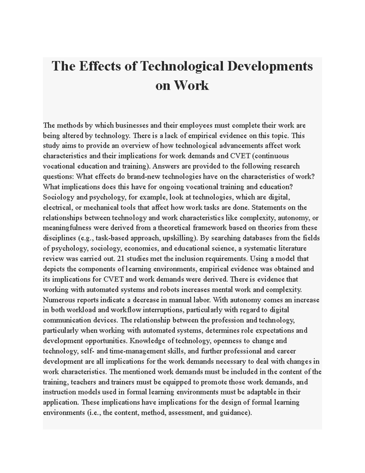 The Effects of Technological Developments on Work - The Effects of ...