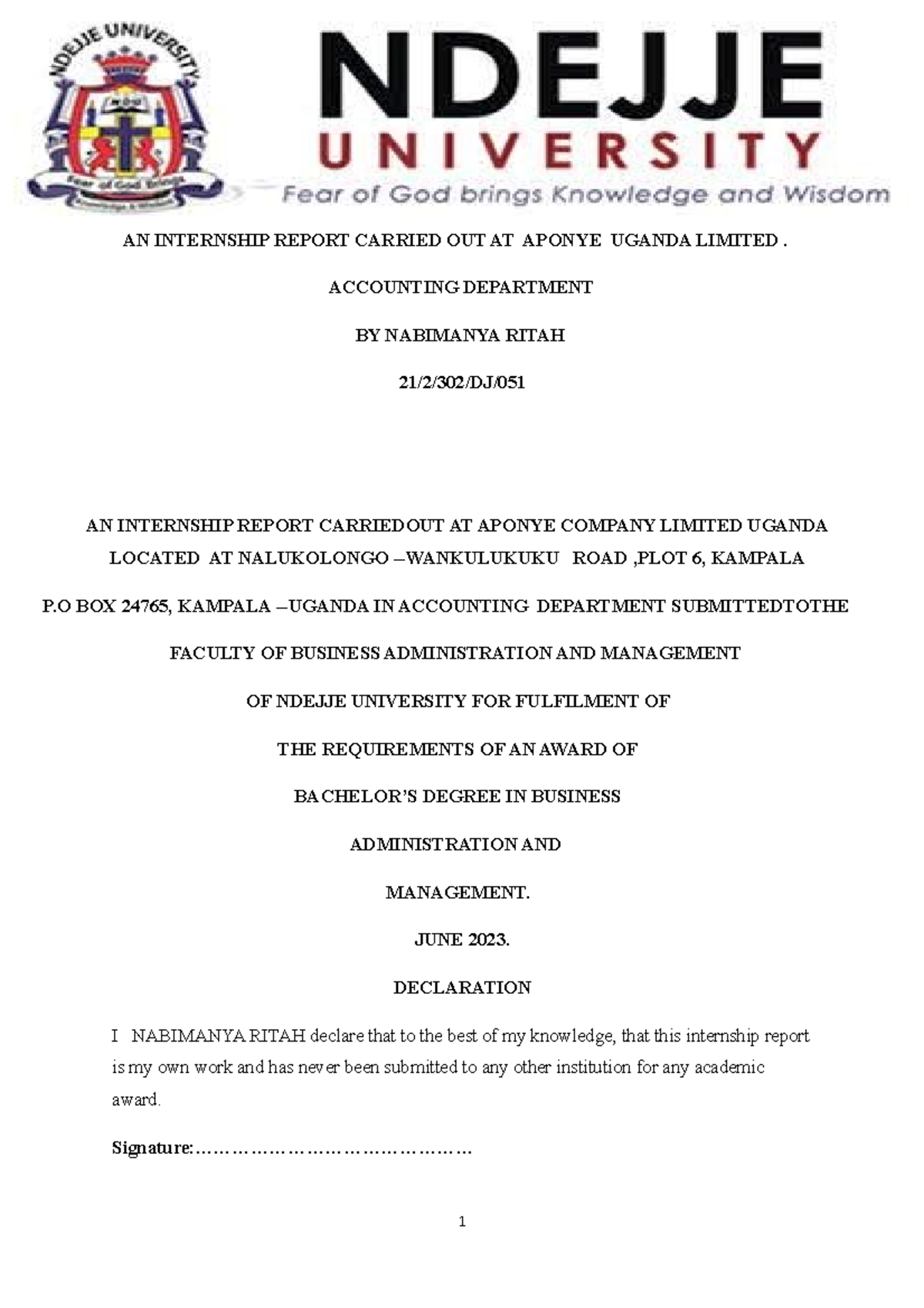 Naturinda Denis Internship Report - Computer science - MUK - Studocu