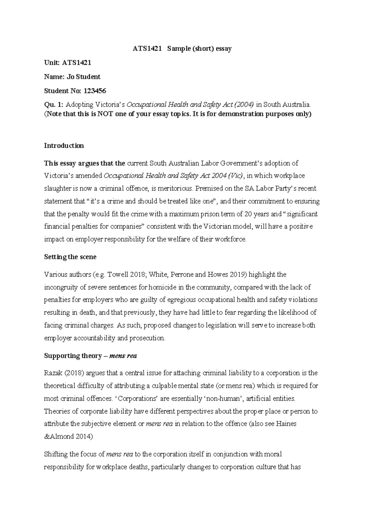 ATS1421 Sample short essay - ATS1421 Sample (short) essay Unit: ATS ...